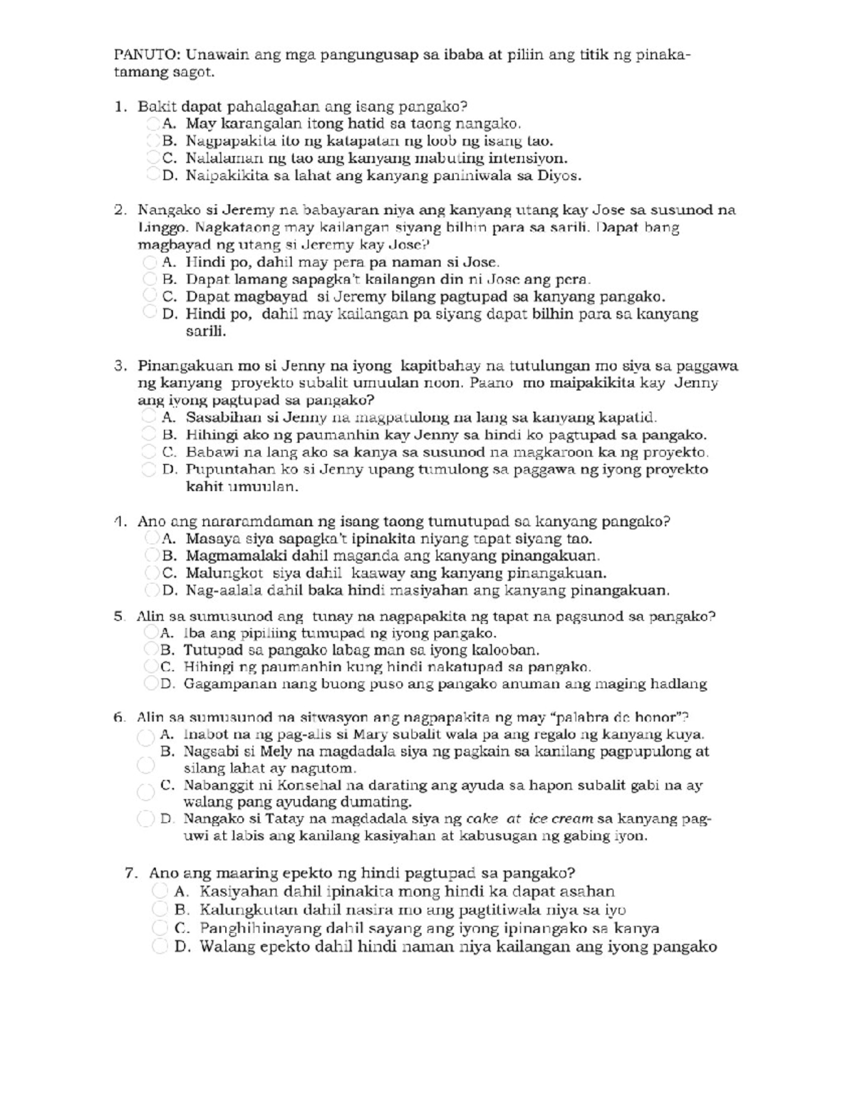 Esp module - esp activity - PANUTO: Unawain ang mga pangungusap sa ...