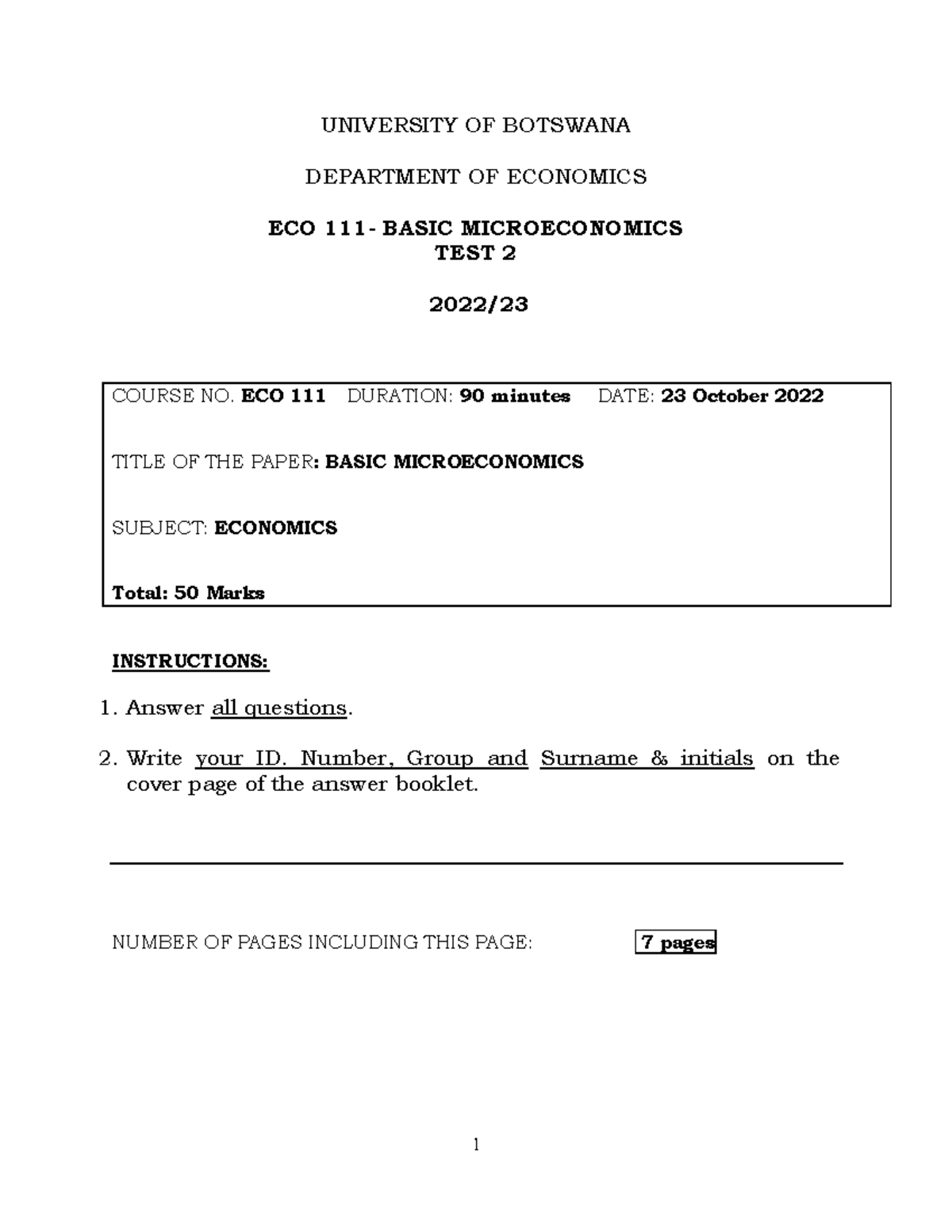ECO 111 PAST Paper 2 - UNIVERSITY OF BOTSWANA DEPARTMENT OF ECONOMICS ECO 111- BASIC ...