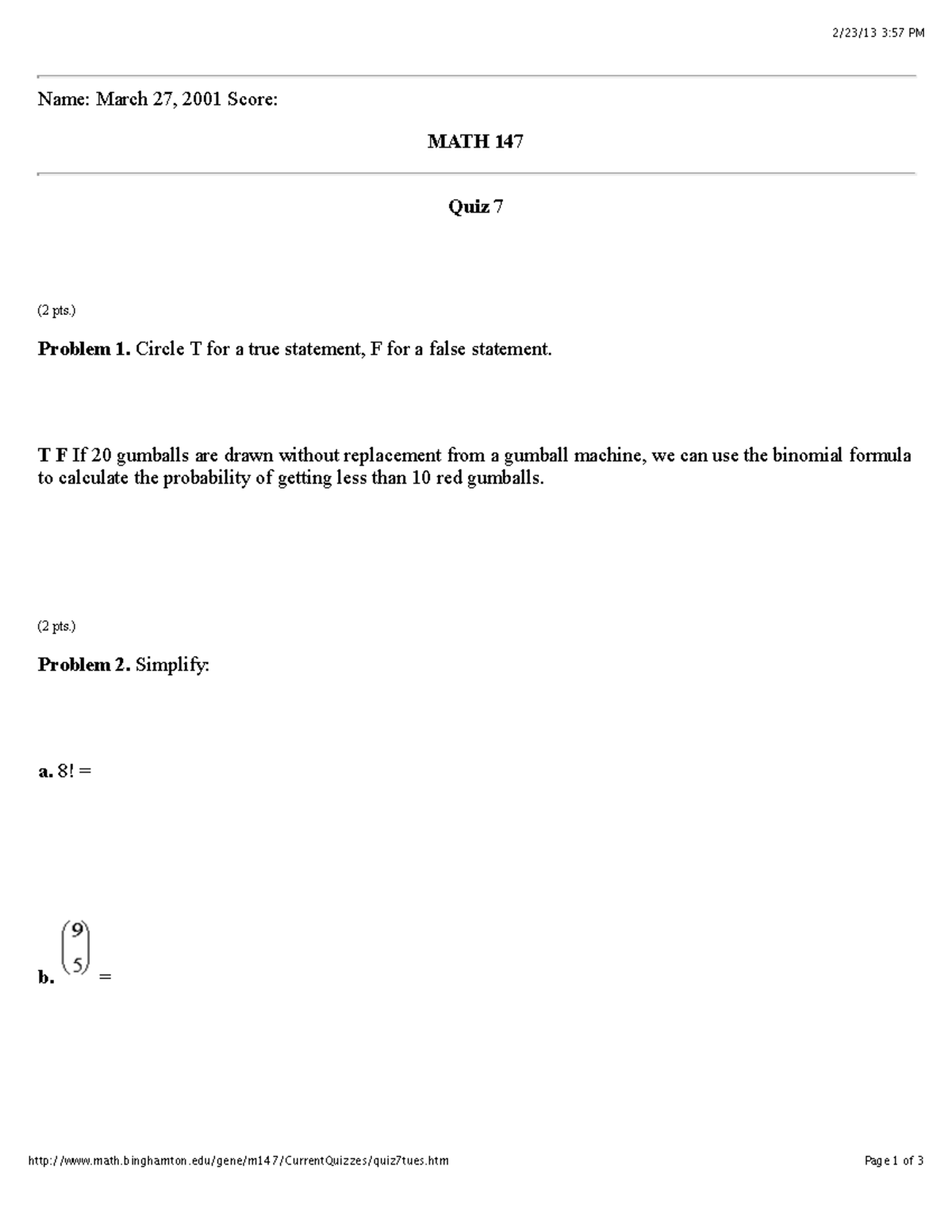 Quiz 7-1 - Quiz 7 - 2/23/13 3:57 PM math.binghamton/gene/m147 ...