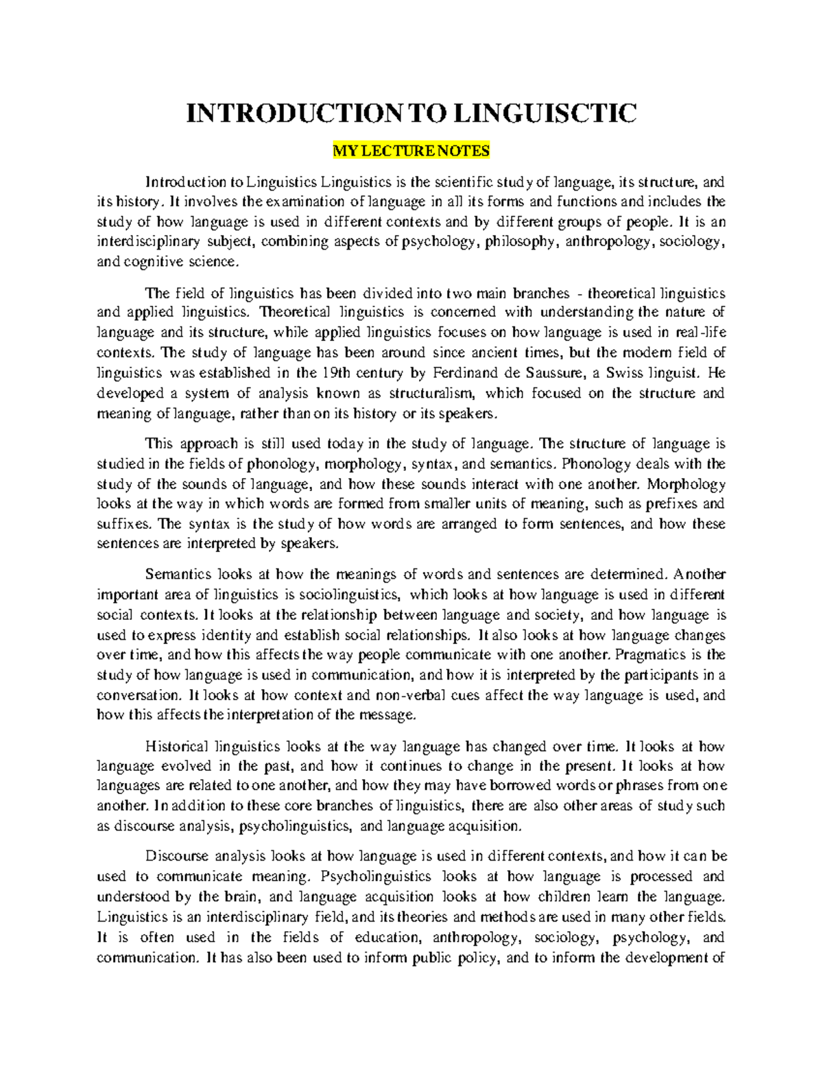 Introduction to Linguisctic - INTRODUCTION TO LINGUISCTIC MY LECTURE ...