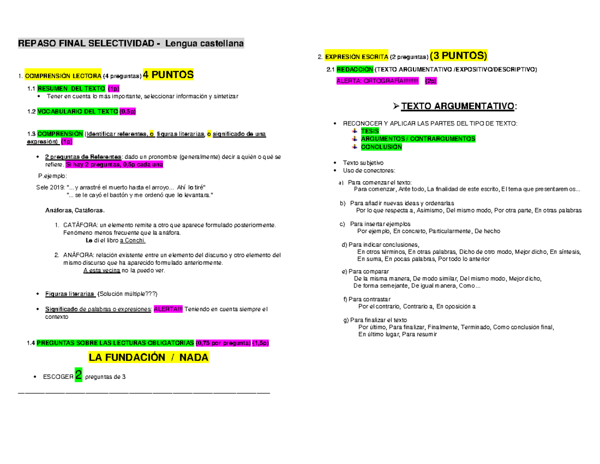 Repaso Final Selectividad - REPASO FINAL SELECTIVIDAD - Lengua castellana 1. COMPRENSIÓN LECTORA ...