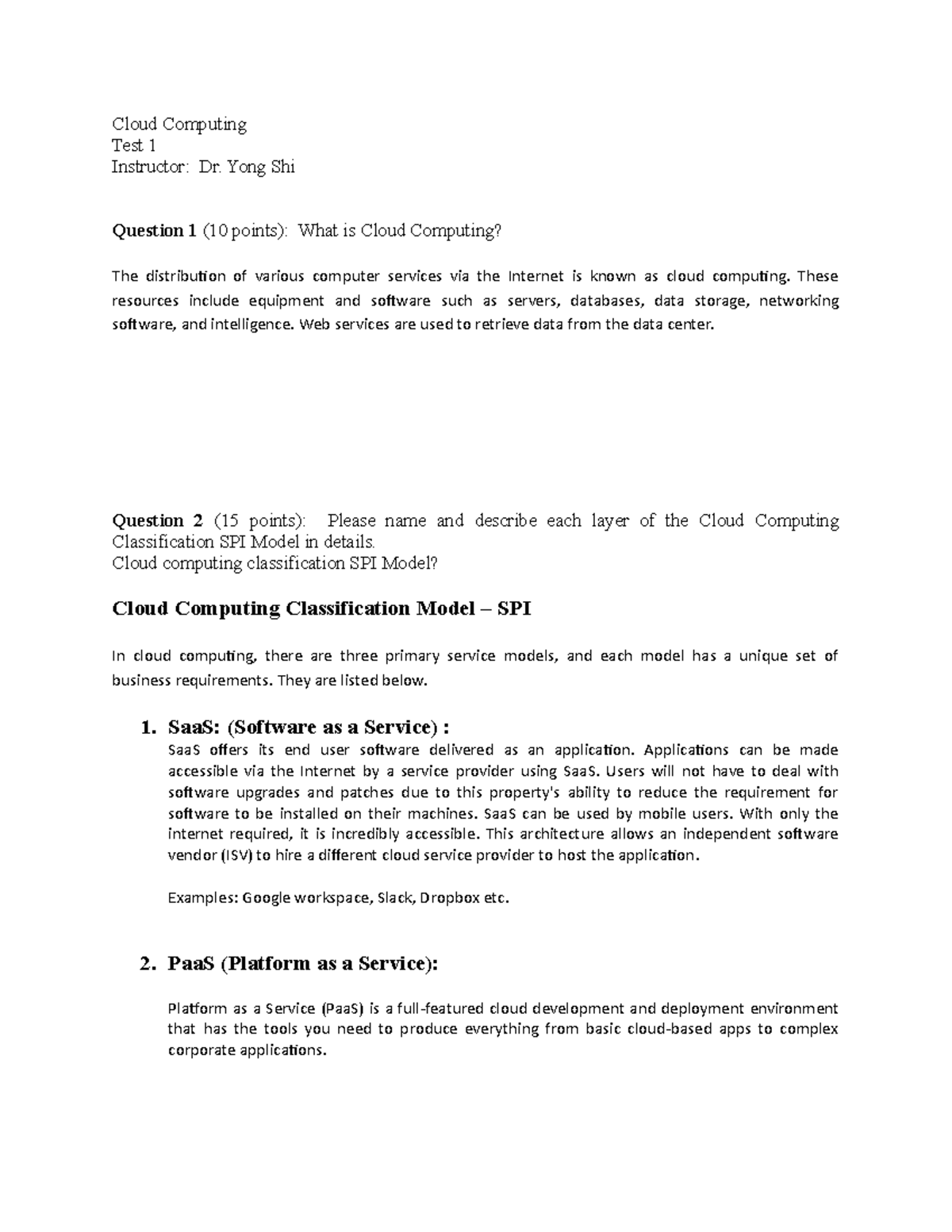 Test Questions and Answers - Cloud Computing Test 1 Instructor: Dr ...