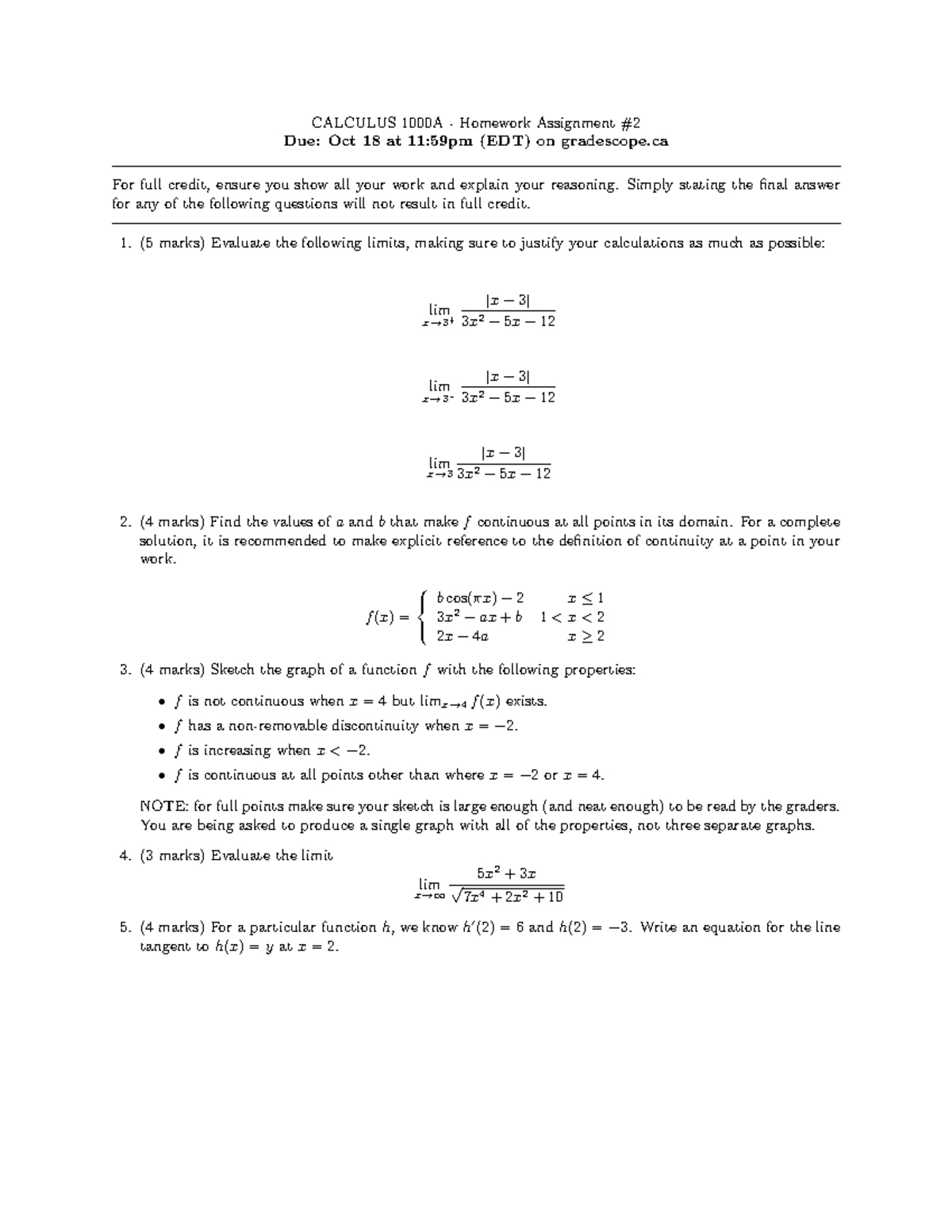 Assignment #2 - CALCULUS 1000A - Homework Assignment # Due: Oct 18 at ...