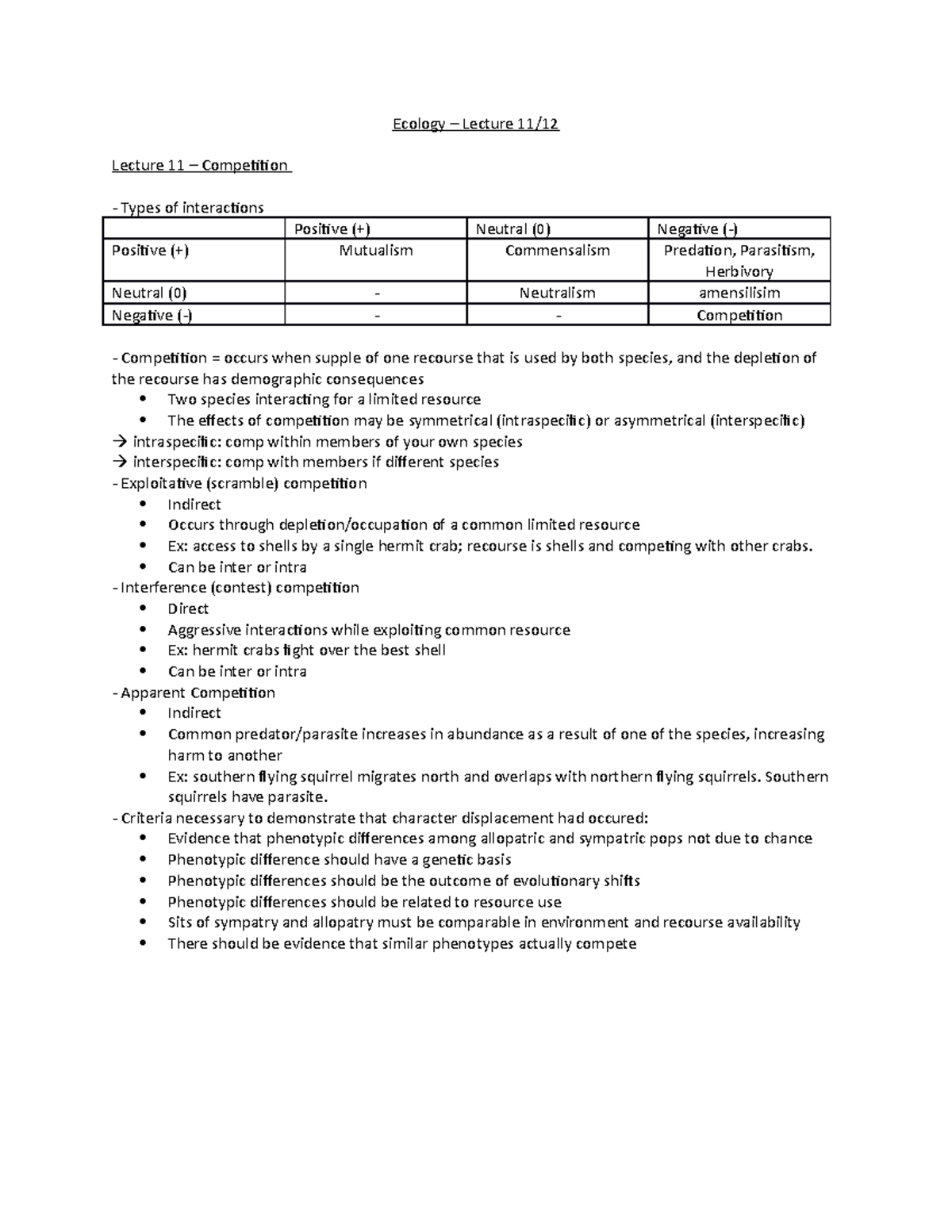 Ecology - Lecture 11:12 - Ecology – Lecture 11/ Lecture 11 – Competition Types of interactions ...
