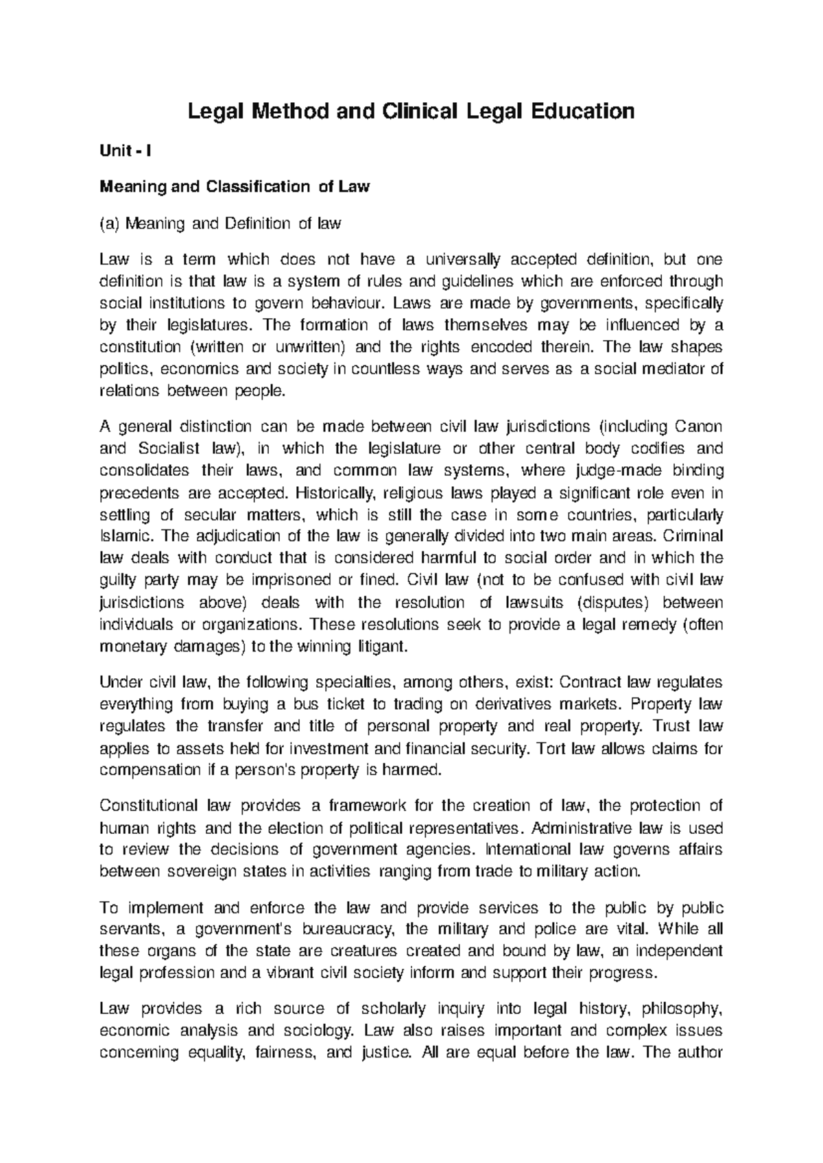 UNIT 1 LM - Legal Method and Clinical Legal Education Unit - I Meaning ...