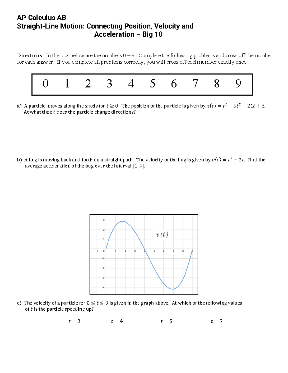 Straight Line Motion - Big 10 - AP Calculus AB Straight-Line Motion ...
