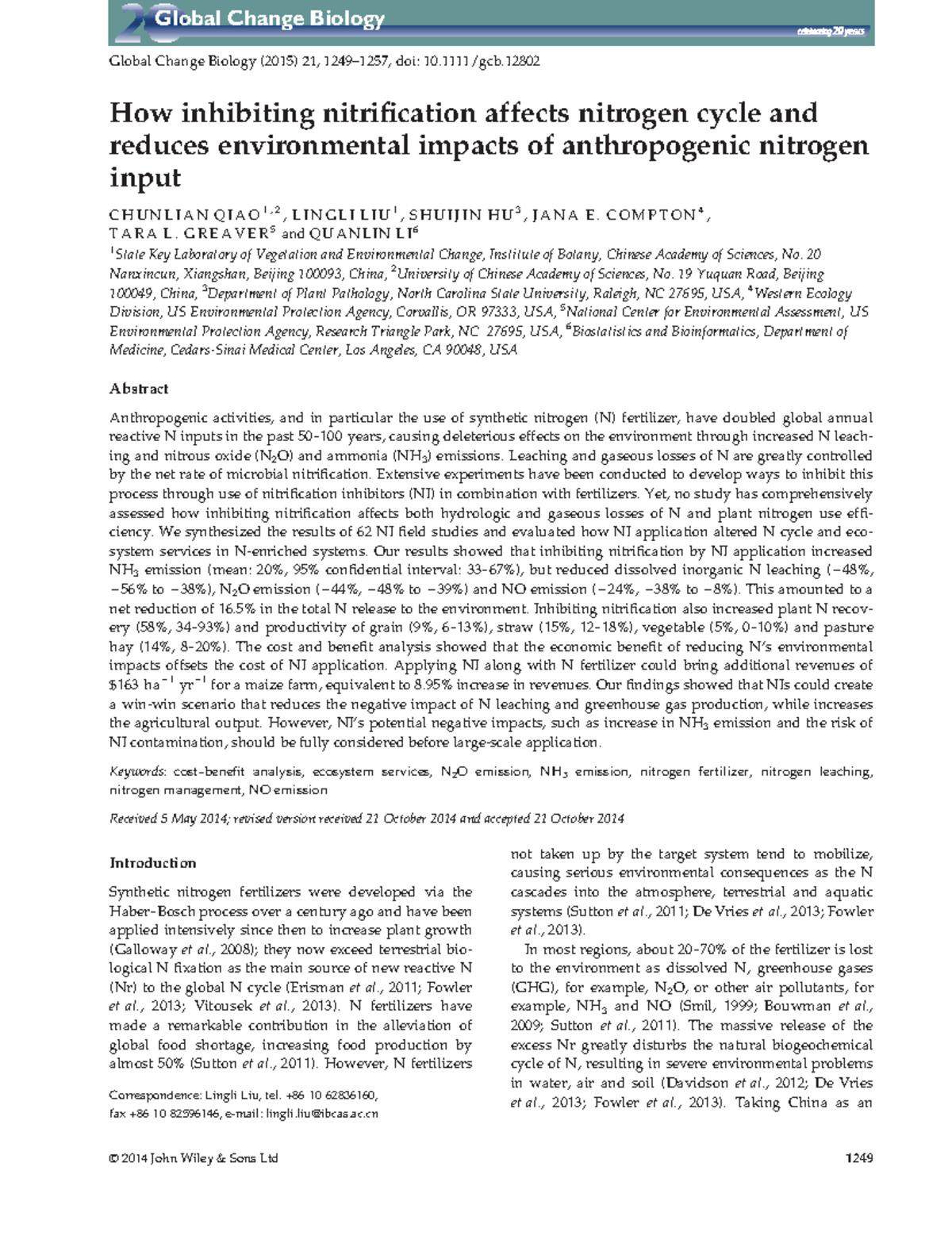 Global Change Biology - 2014 - Qiao - How inhibiting nitrification ...
