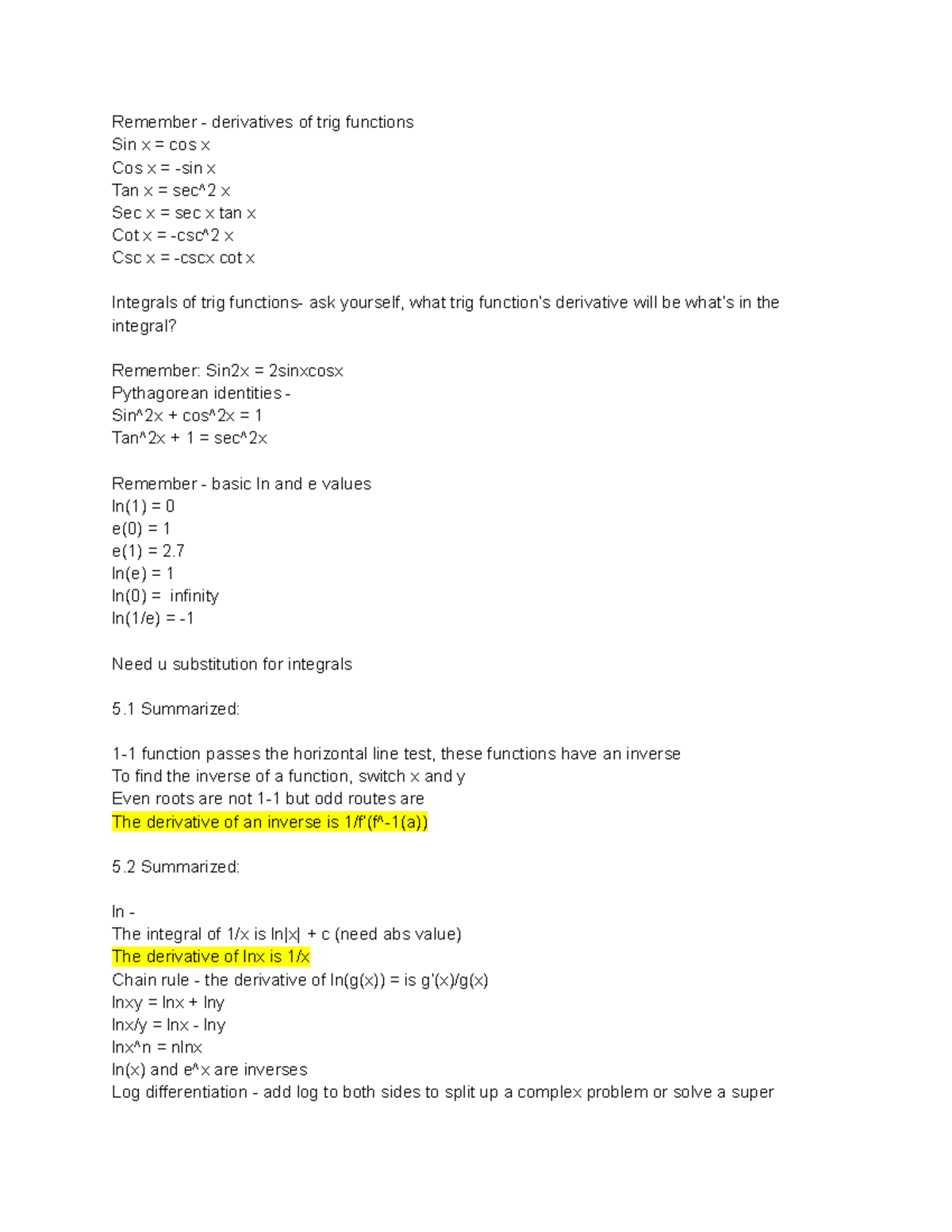 5.1-5.3 study guide - Professor Hozie - Remember - derivatives of trig ...