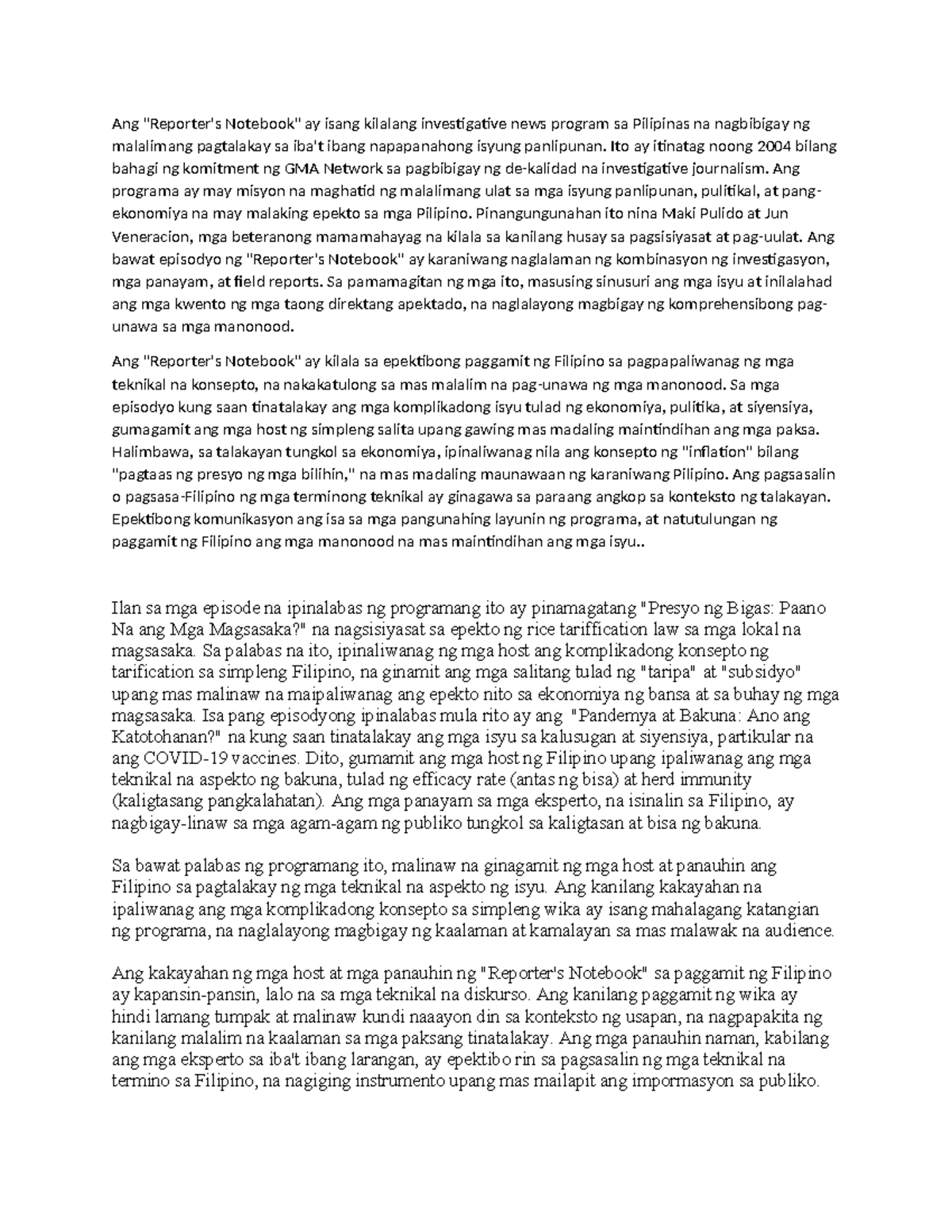 Komfil essay - Ang "Reporter's Notebook" ay isang kilalang ...