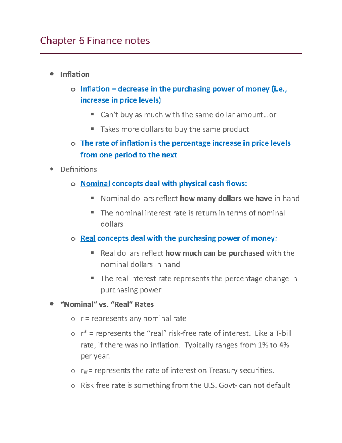 Chapter 6 Finance notes - Chapter 6 Finance notes Inflation o Inflation ...