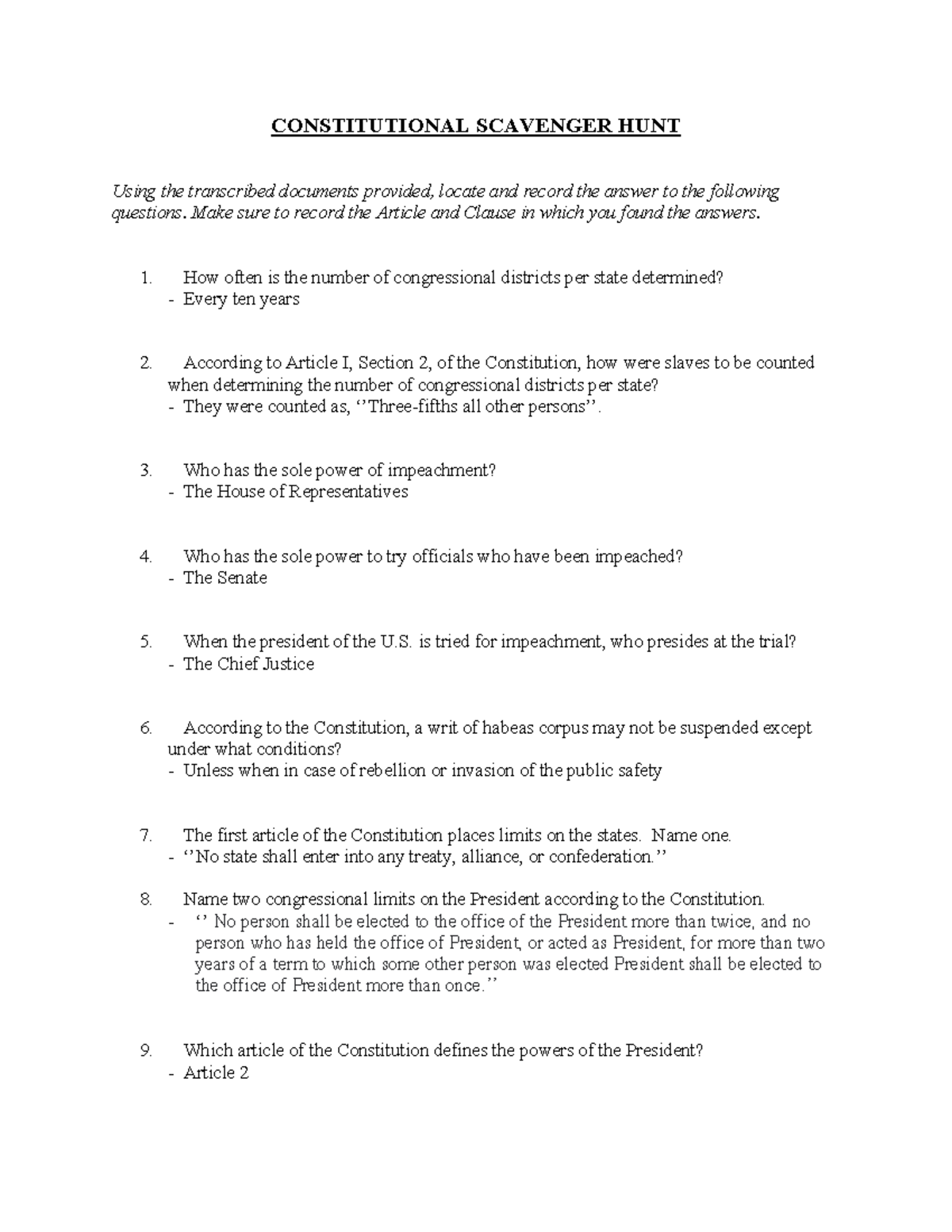 Constitutional scavenger hunt - CONSTITUTIONAL SCAVENGER HUNT Using the ...