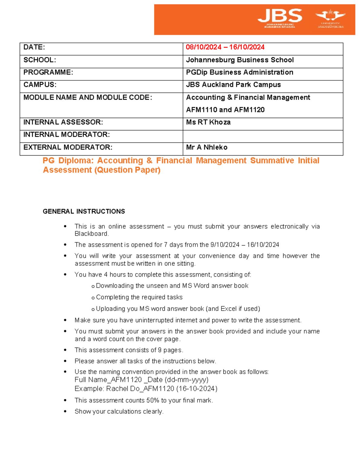 Exam Paper - assignment - DATE: 08/10/2024 – 16/10/ SCHOOL ...