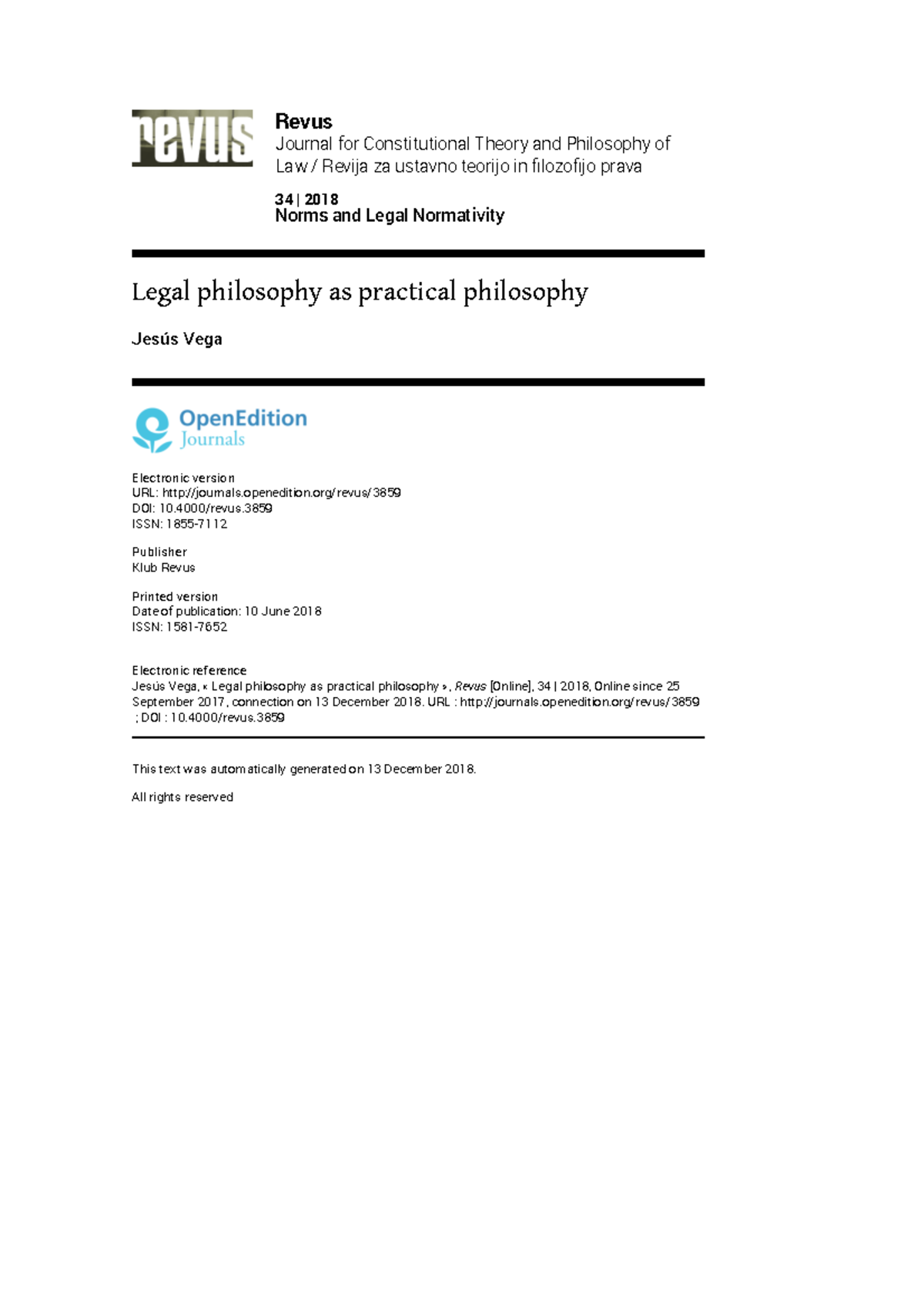 Legal Philosophy as Practical Philosophy Vega - Revus Journal for ...