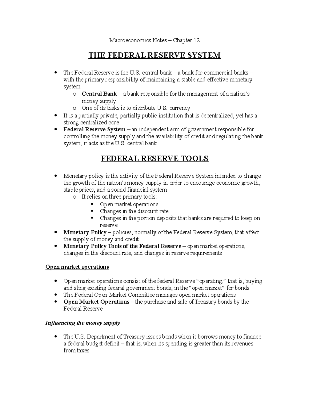 Macroeconomics Notes – Chapter 12 - Macroeconomics Notes – Chapter 12 ...