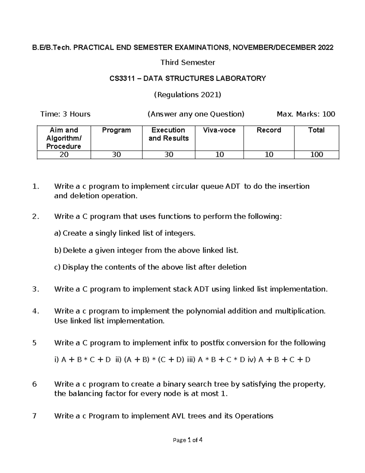 CS3311-SET 1 - DATA STRUCTURE SET QUESTION - B.E/B. PRACTICAL END ...