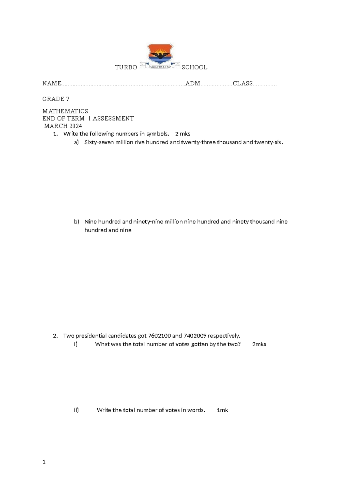Maths end term Assessment - TURBO SCHOOL - Studocu