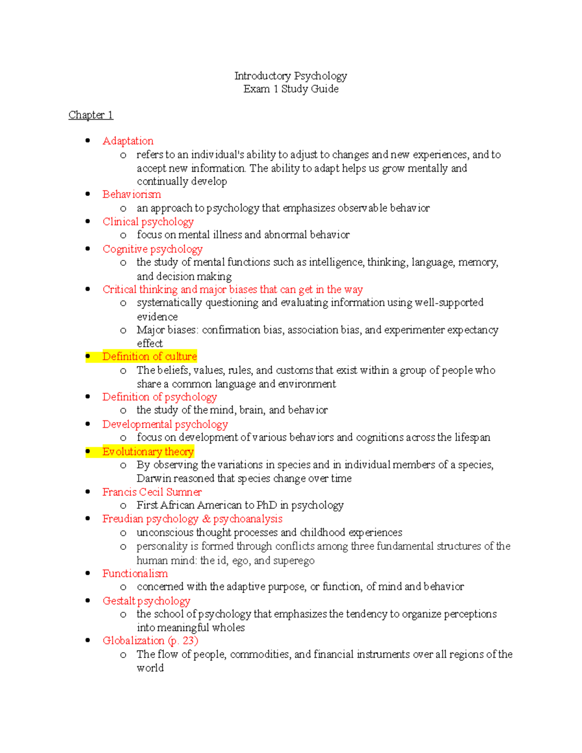 Exam 1 Study Guide - Introductory Psychology Exam 1 Study Guide Chapter ...