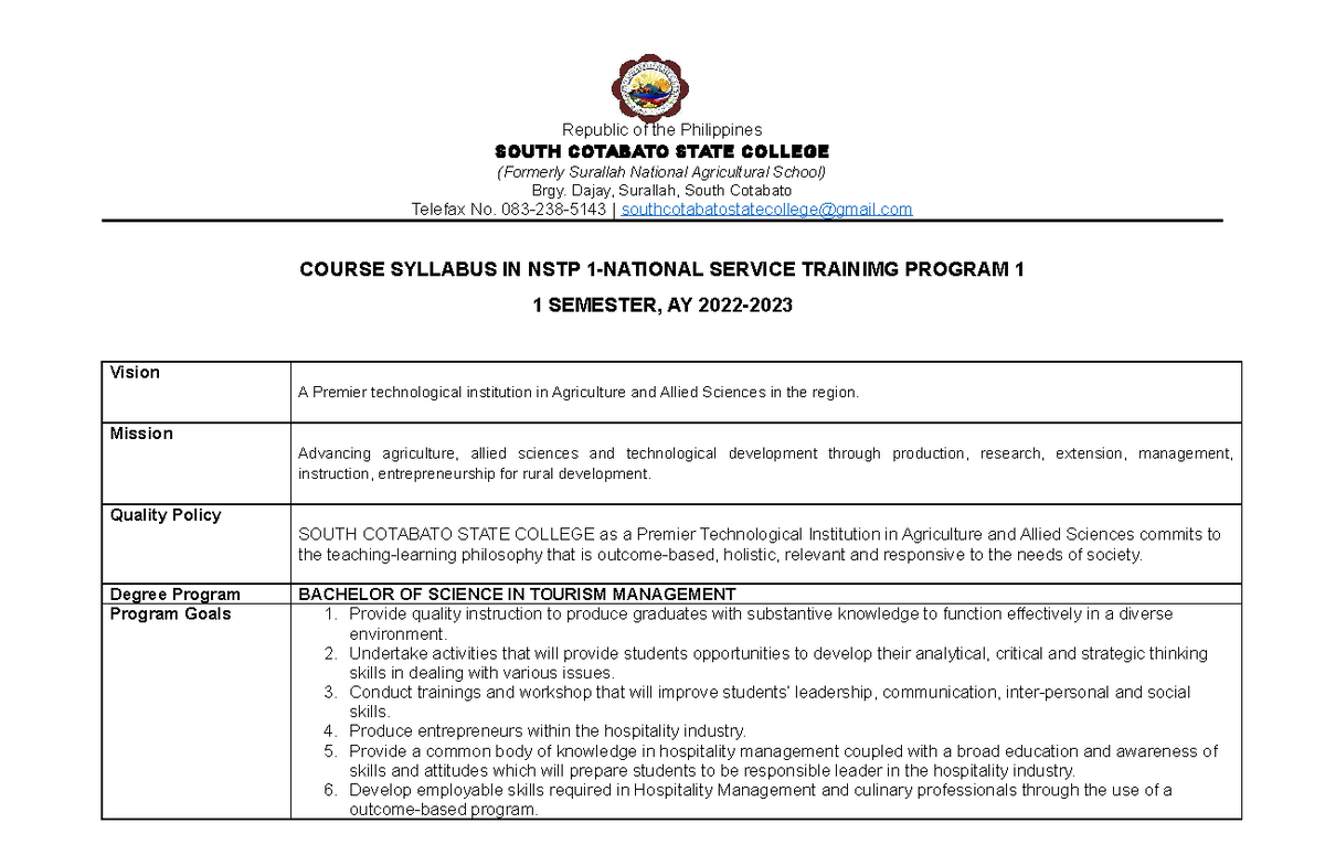 NSTP syllabus - sdcsafneiugfjda - Republic of the Philippines SOUTH ...