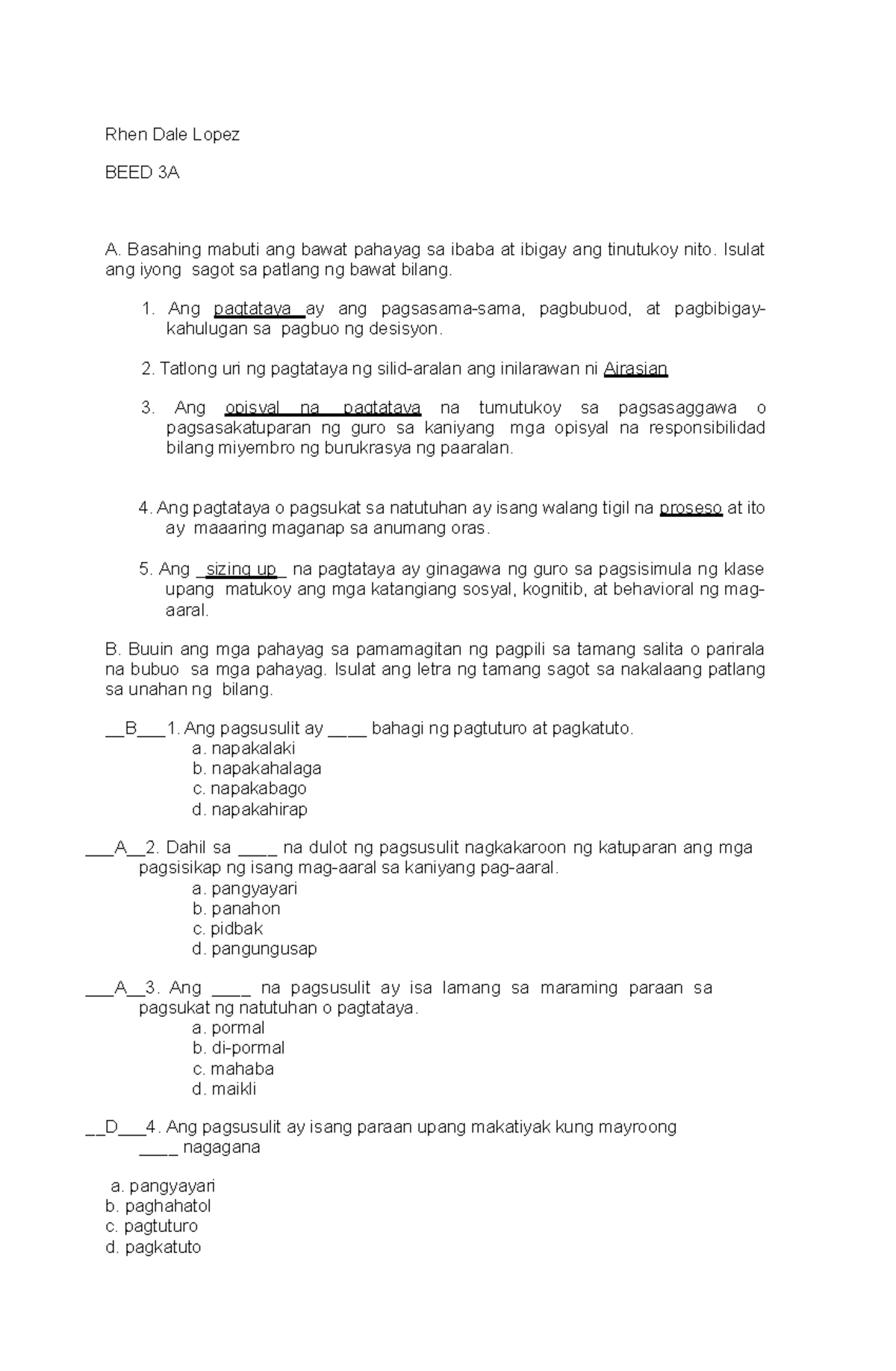 Module 5 Eedfil - AGHM V NFC - Rhen Dale Lopez BEED 3A A. Basahing mabuti ang bawat pahayag sa ...