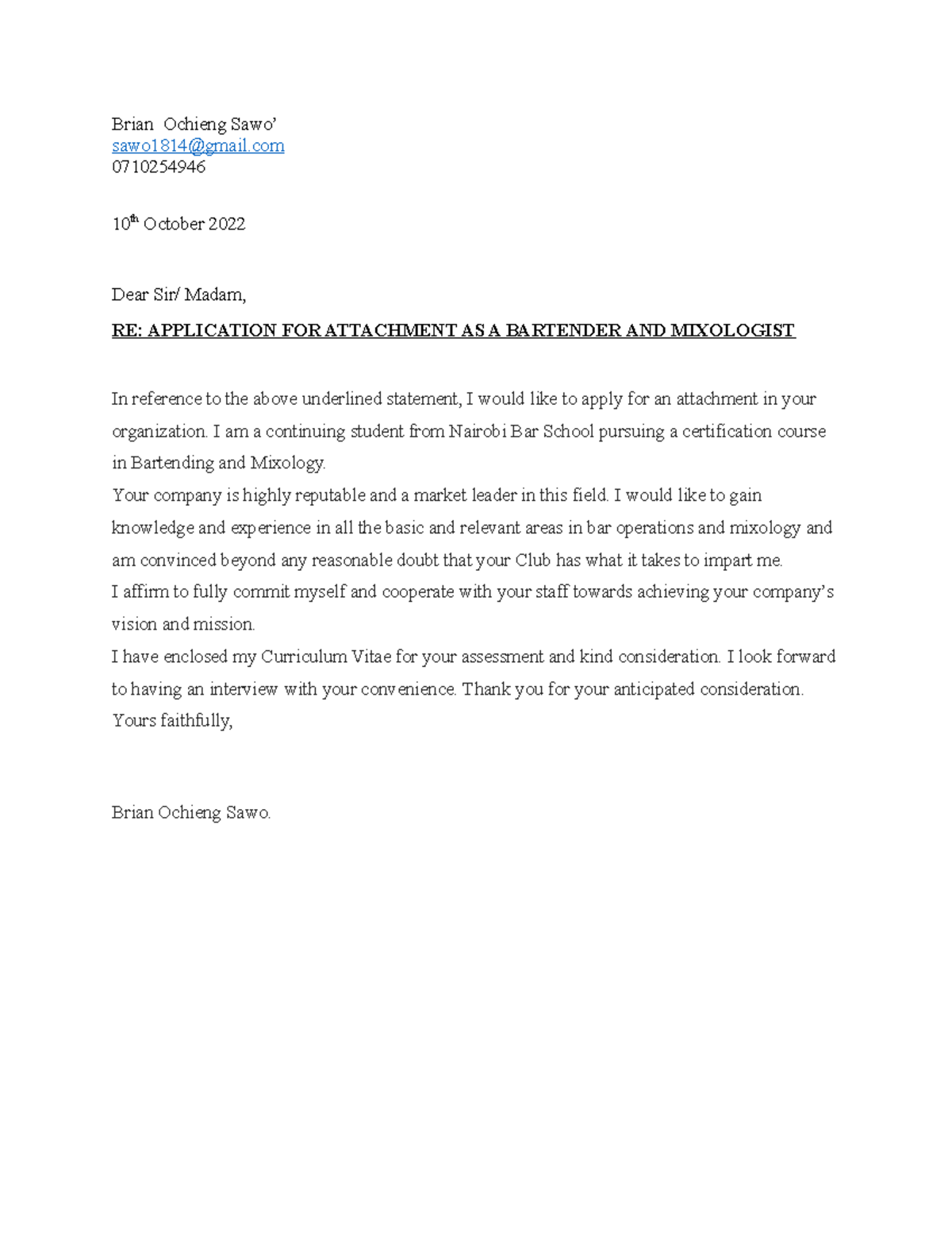 Cover Letter, Mixology - Brian Ochieng Sawo’ sawo1814@gmail 0710254946 ...