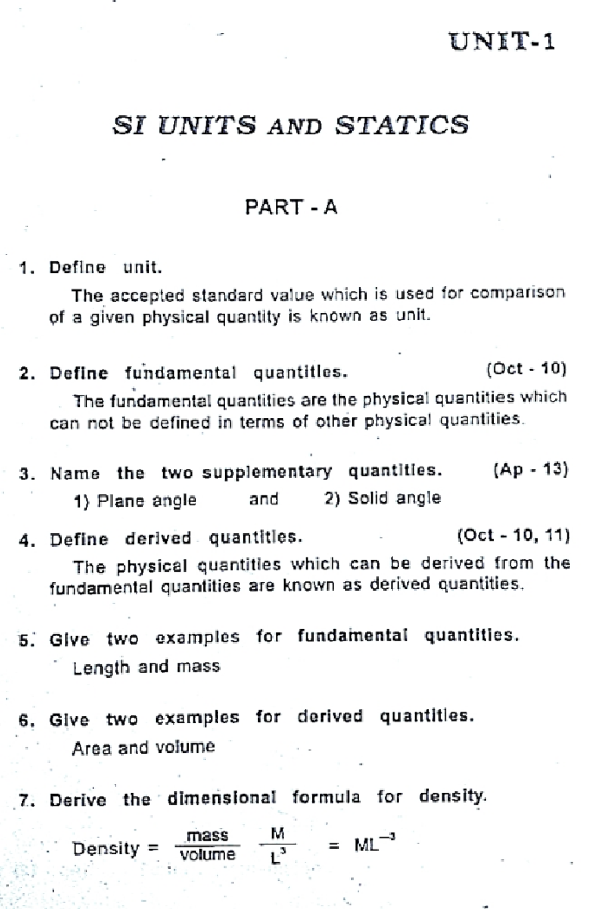 Unit-1 SI Units AND Statics Part A - Engineering Physics - Studocu