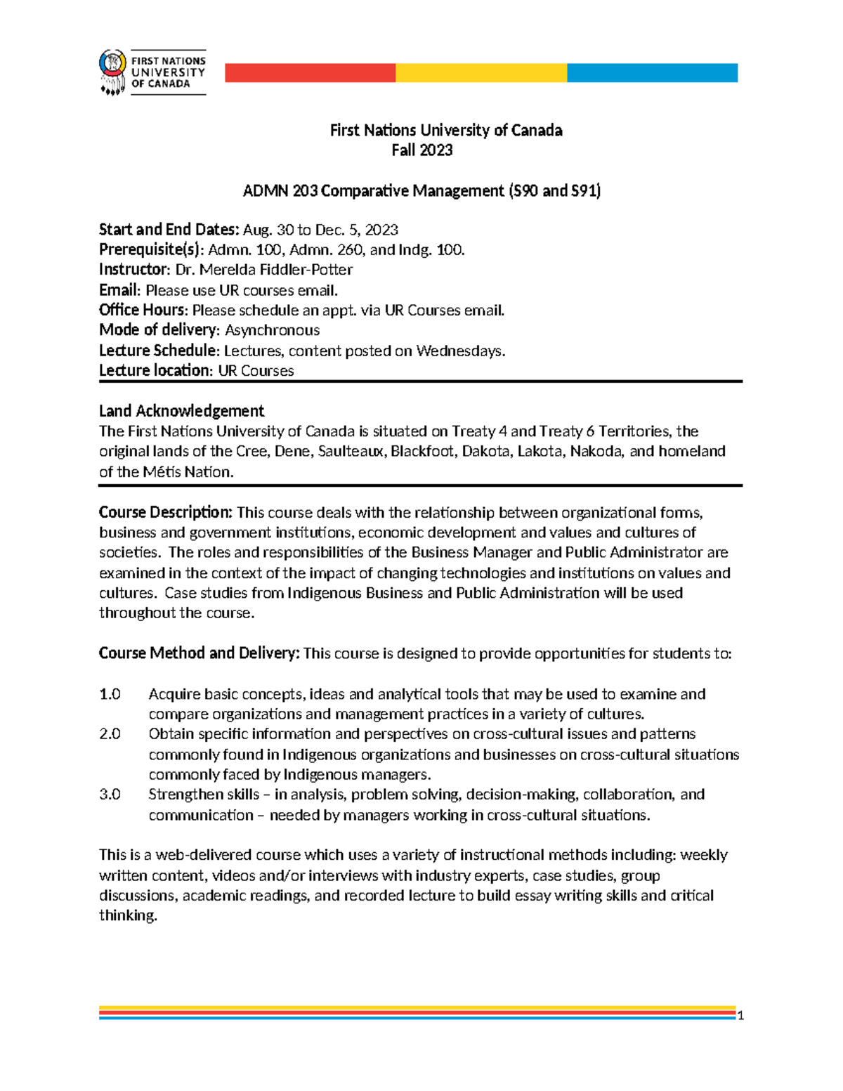 Admn 203 Course Outline and Syllabus 2023 Fall - First Nations ...
