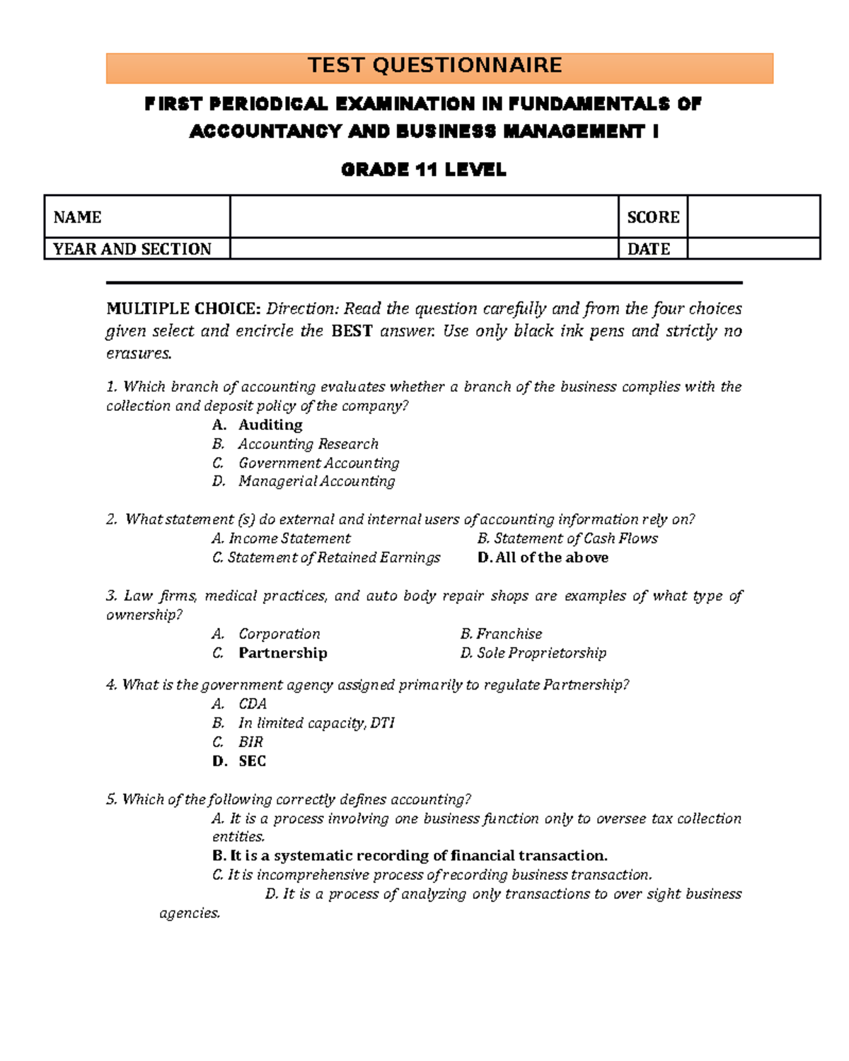 TEST Questionnaire - lecture notes - TEST QUESTIONNAIRE FIRST ...