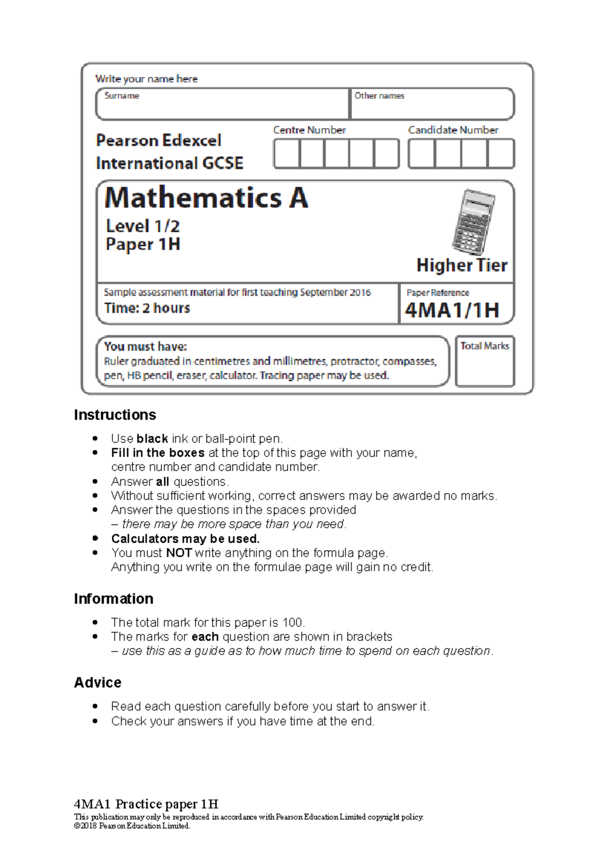 Igcse (9-1) Maths - practice paper 1H - Instructions Use black ink or ...
