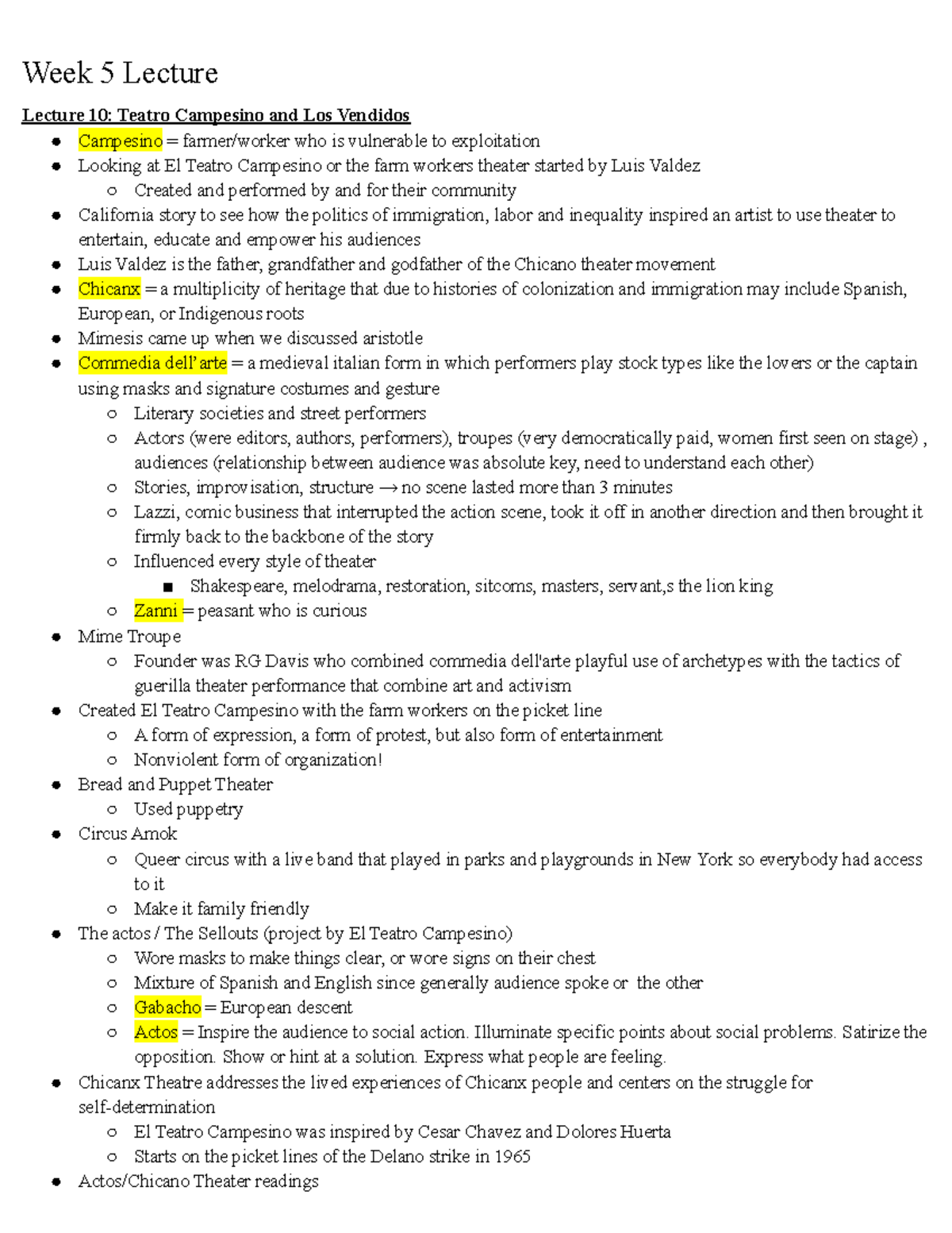Theater 106 Week 5 to Week 7 Lecture Notes - Week 5 Lecture Lecture 10 ...