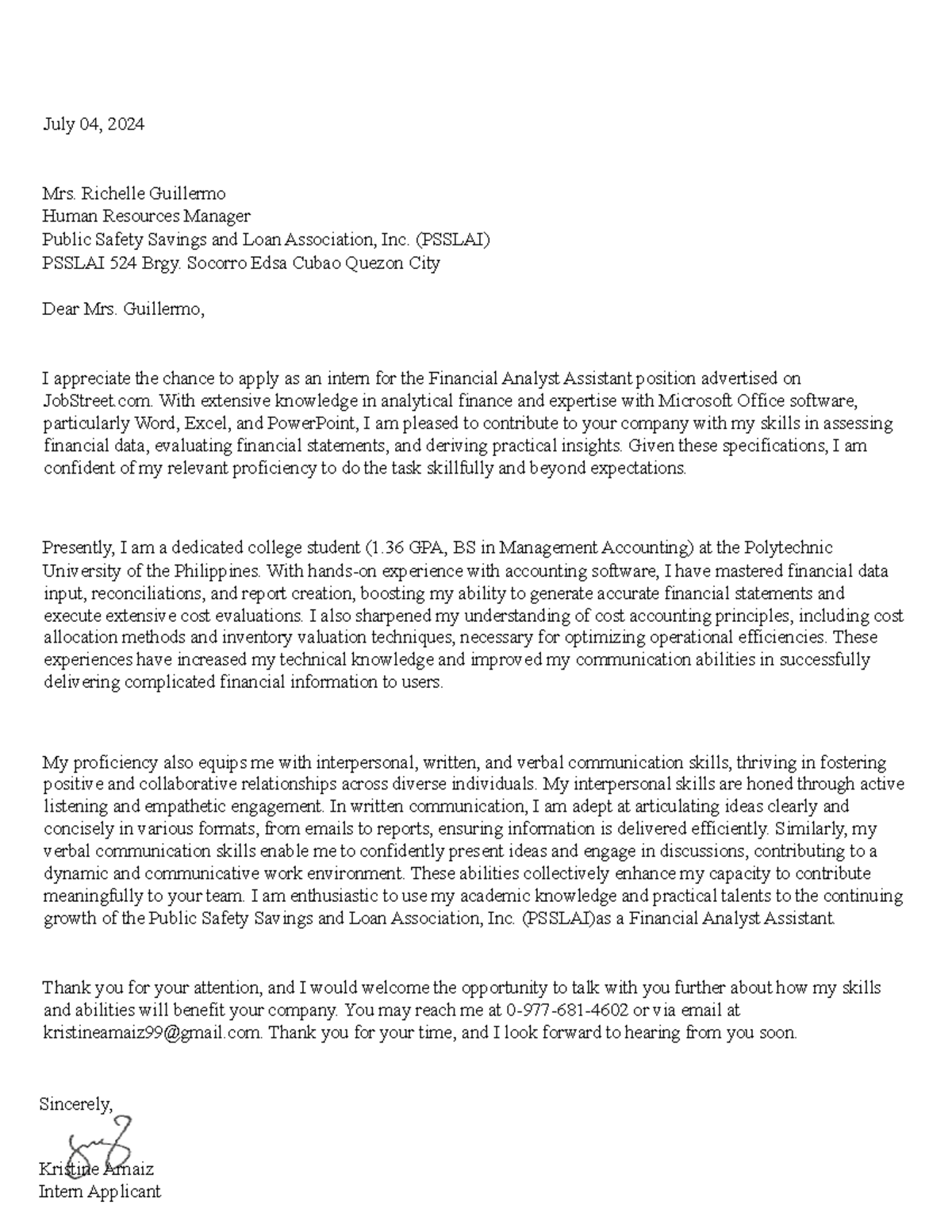 Cover final 1 essay - Sincerely, Kristine Arnaiz Intern Applicant July ...