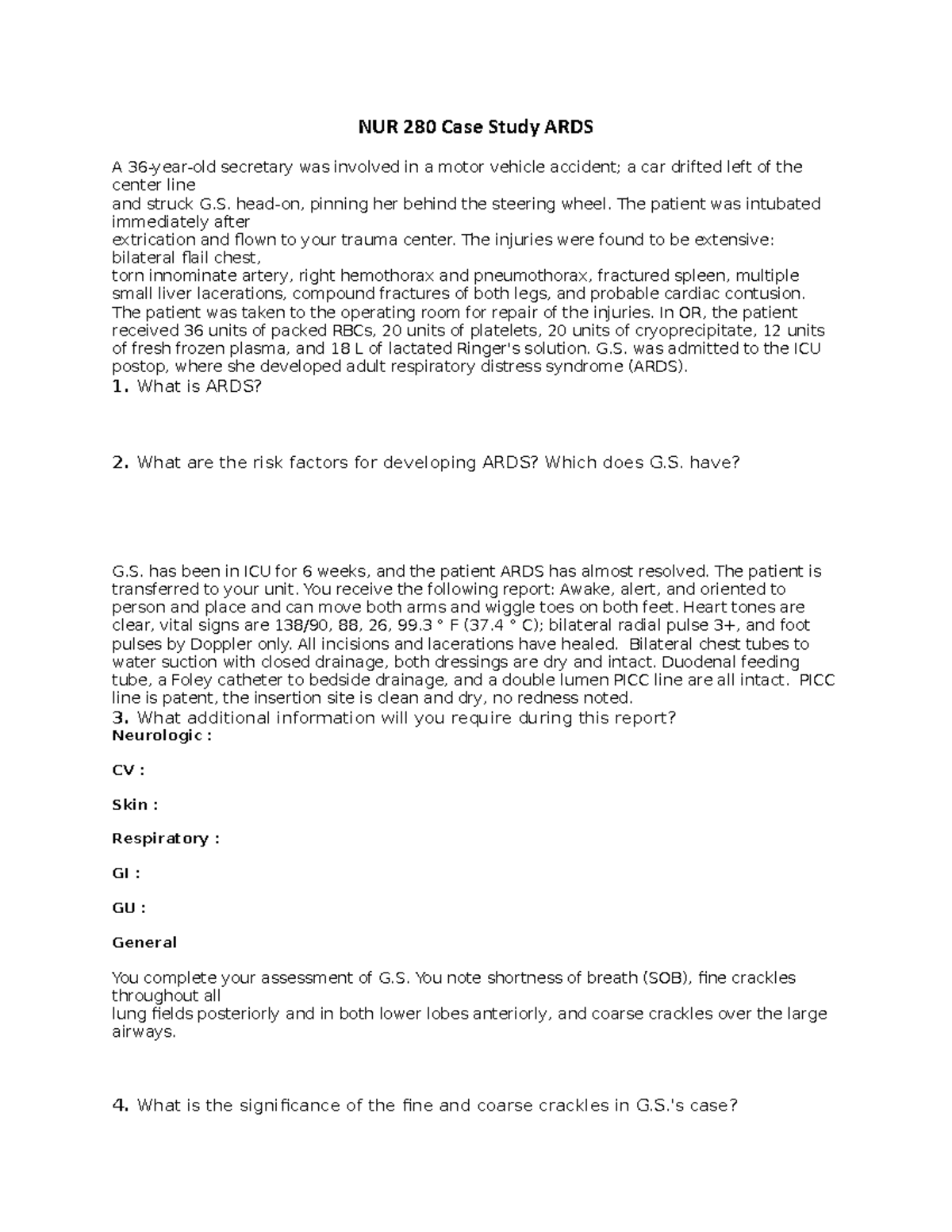 NUR 280 Impaired Gas Exchange-ARDS Case Study - NUR 280 Case Study ARDS ...