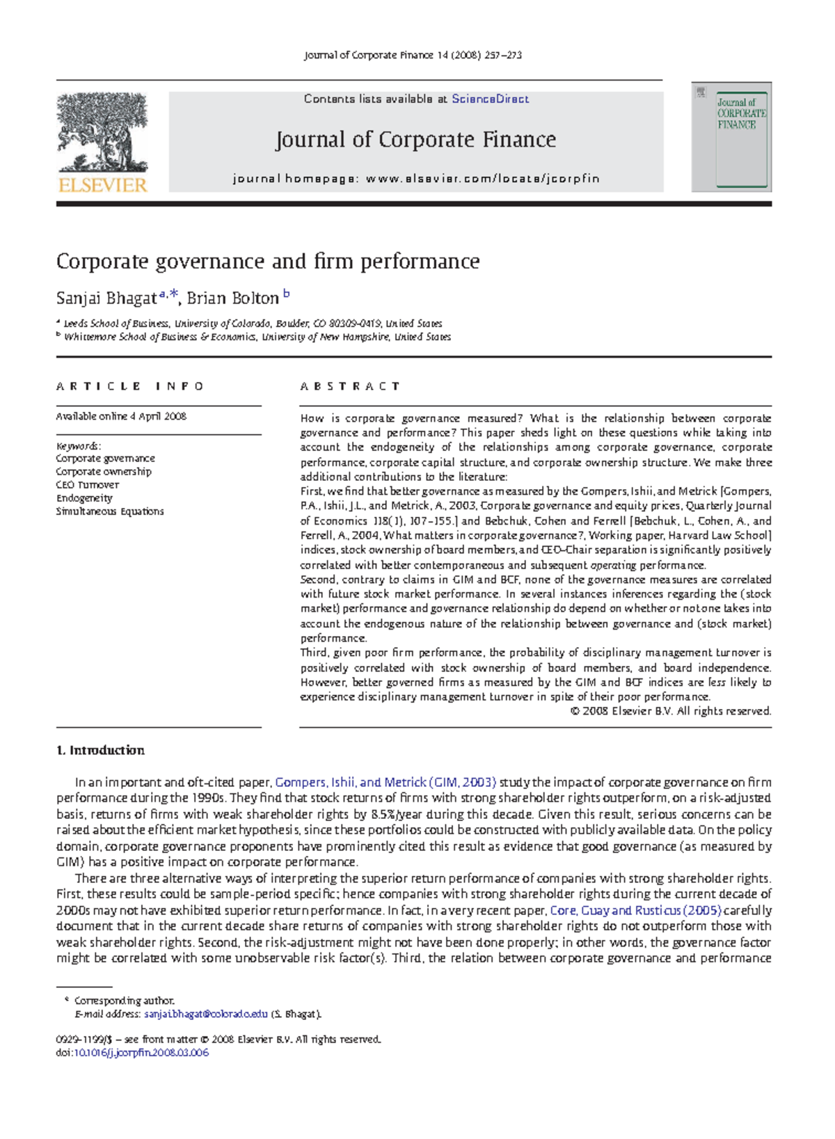 Corporate governance and firm performance - We make three additional ...