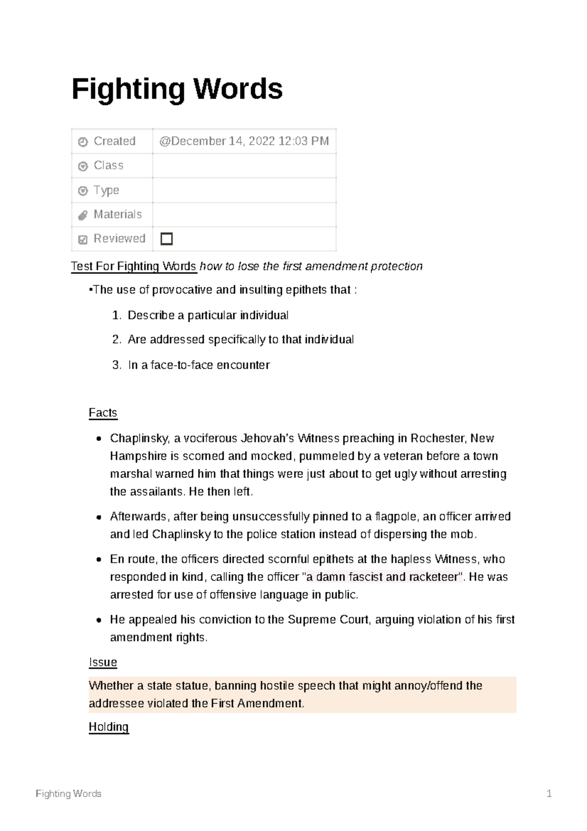 Fighting Words - LECTURE NOTES - Fighting Words 1 Fighting Words ...