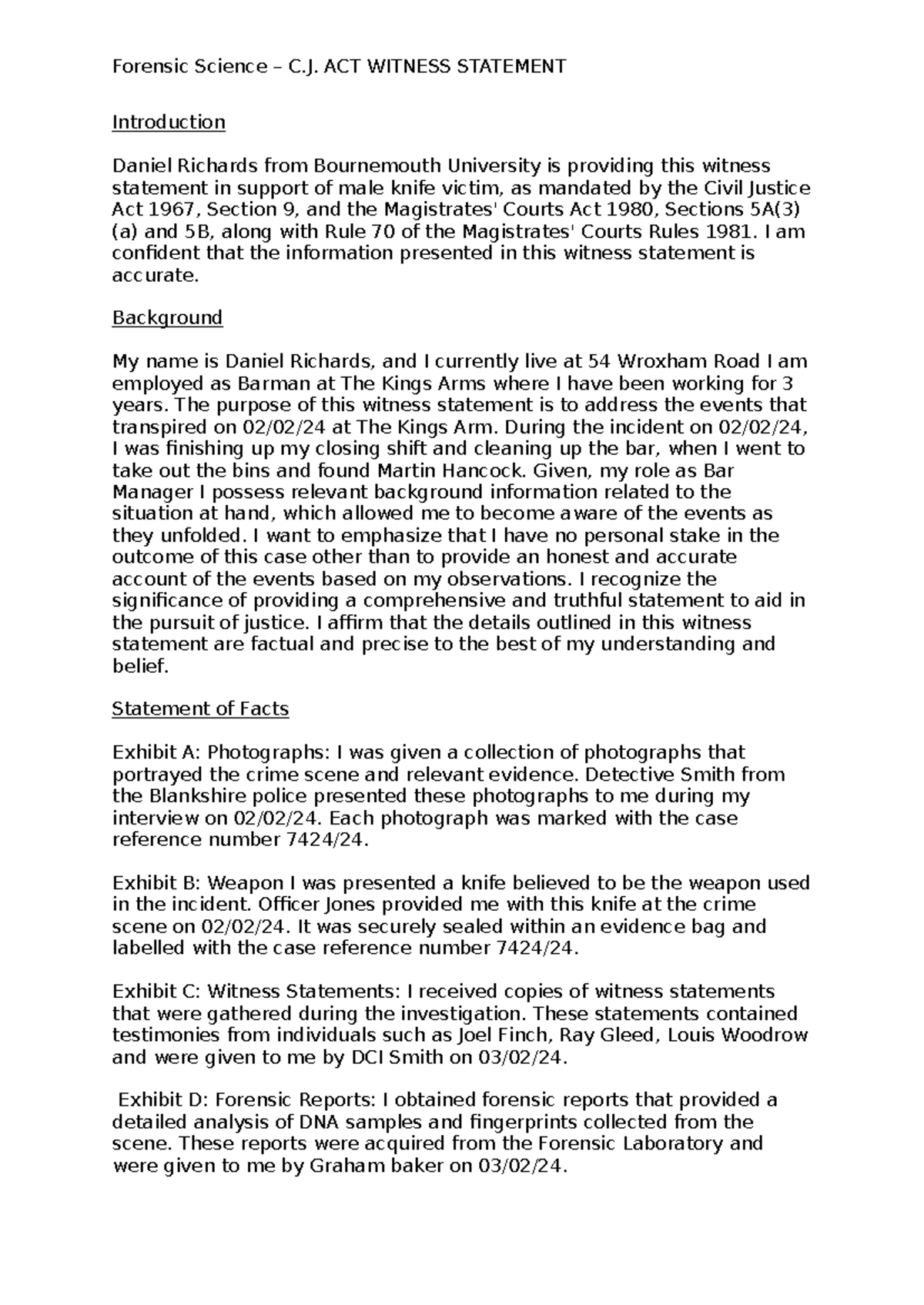 Forensic science C.j statement - Forensic Science – C. ACT WITNESS ...