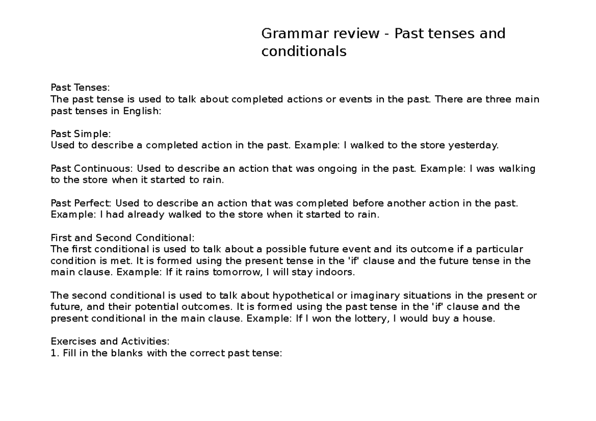 Lesson 2 Grammar review - Past tenses and conditionals - Grammar review ...