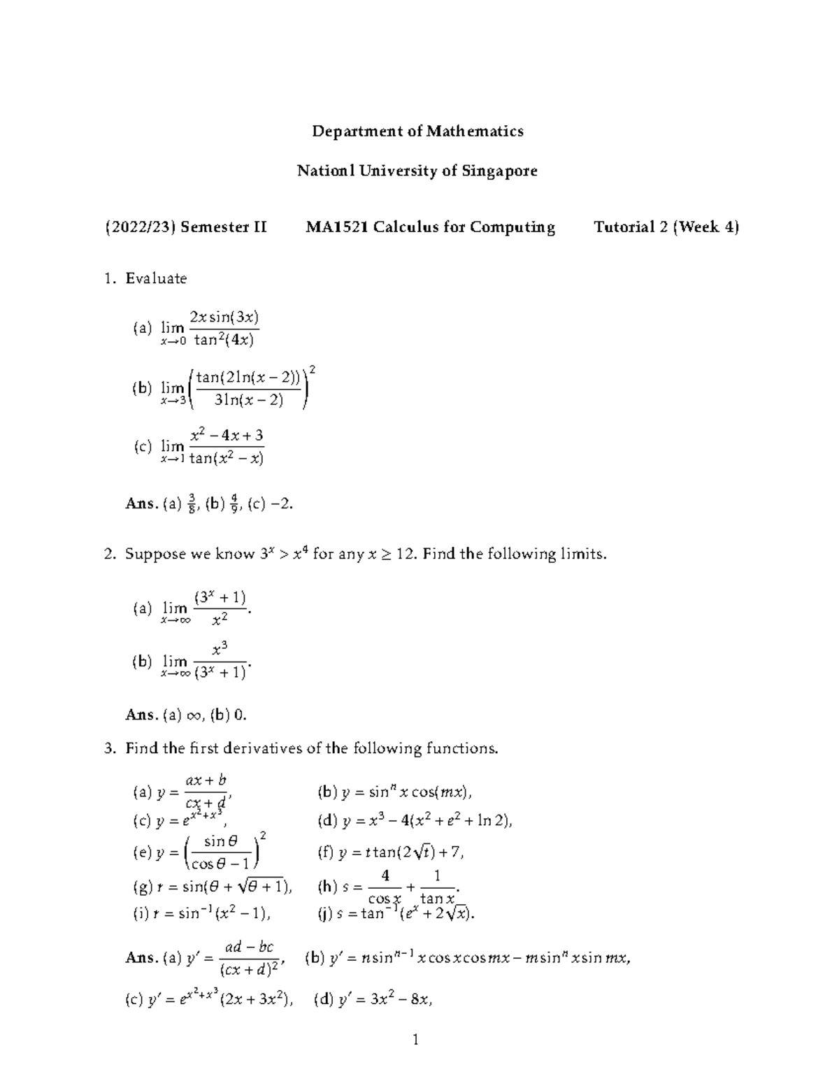 MA1521 Tutorial 2 - Department of Mathematics Nationl University of Singapore (2022/23) Semester ...