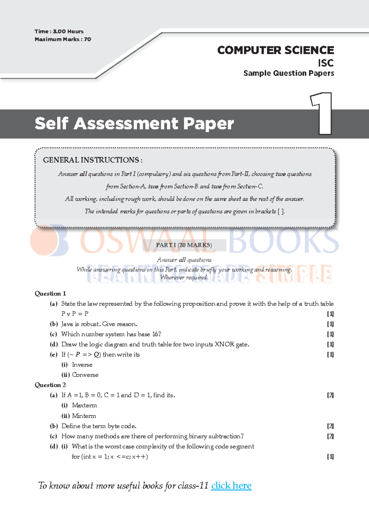 ISC Sample Question Paper Computer Science Class 11 - Time : 3 Hours Maximum Marks : 70 Self ...