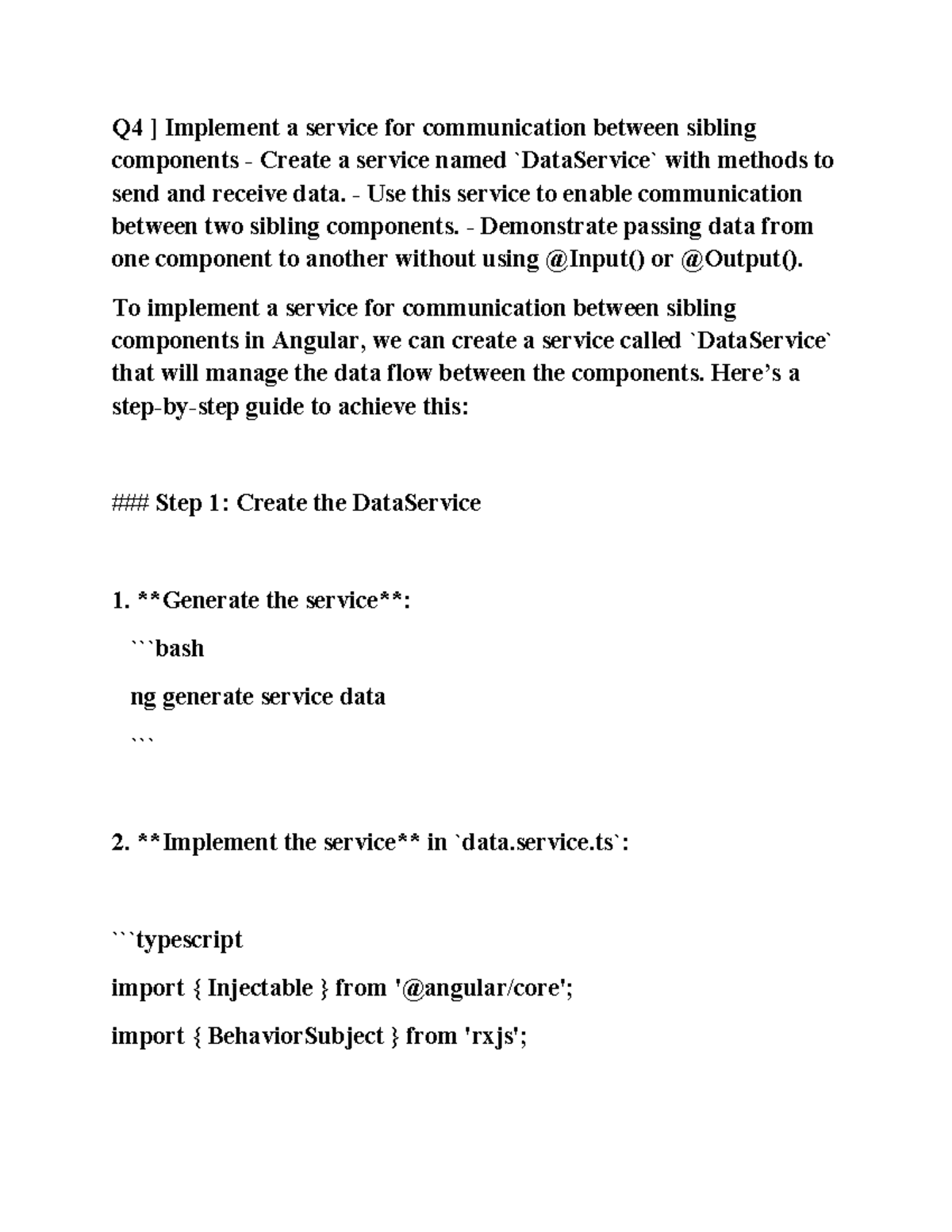 Practicle 4 - Implement a service for communication between sibling components - Create a - Q4 ...