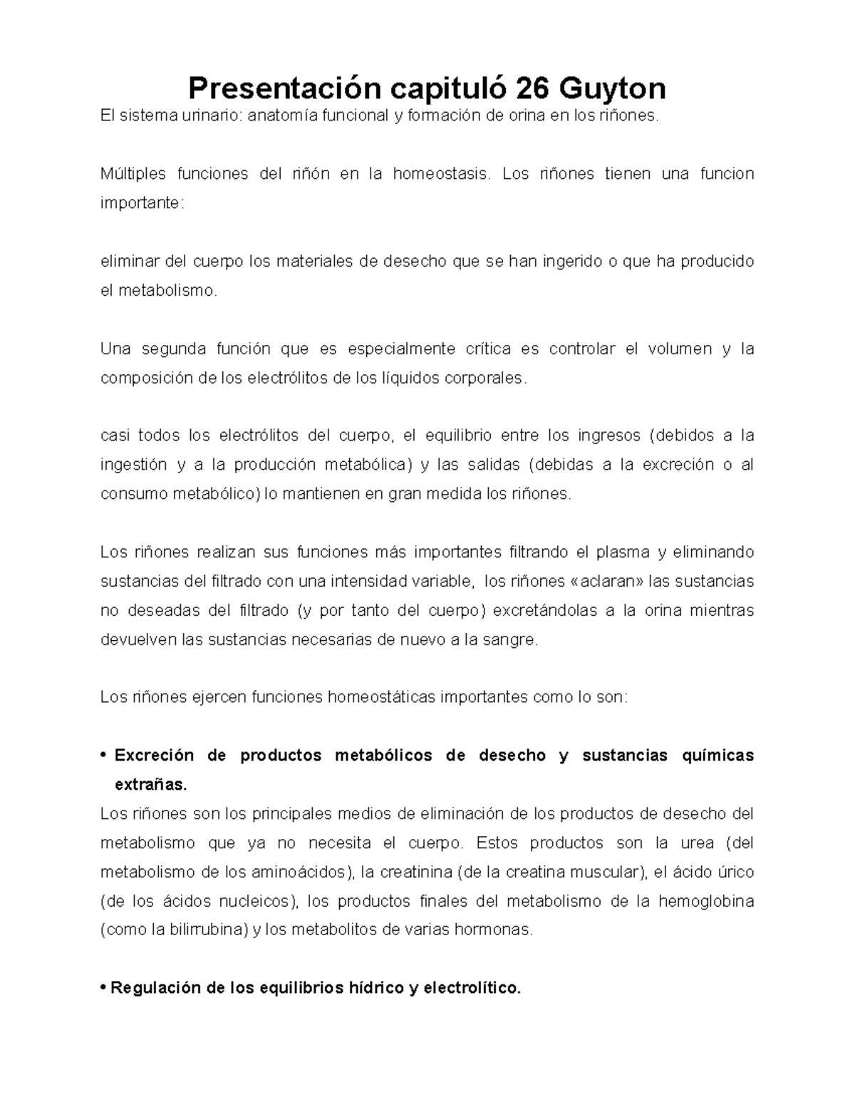 Fisiología 26 - Resumen capitulo 26 guyton renal - Presentación capituló 26 Guyton El sistema ...