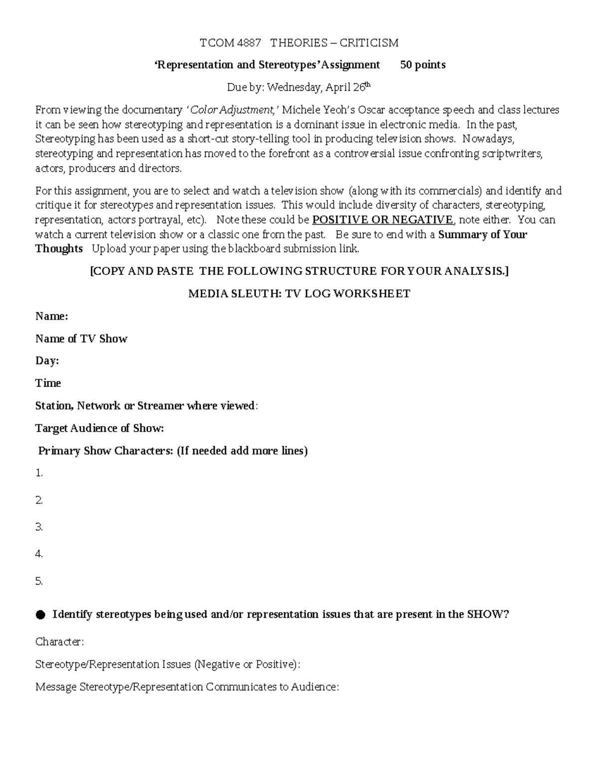 Representation and Stereotyping Assignment SP23(1) - TCOM 4887 - YSU - Studocu