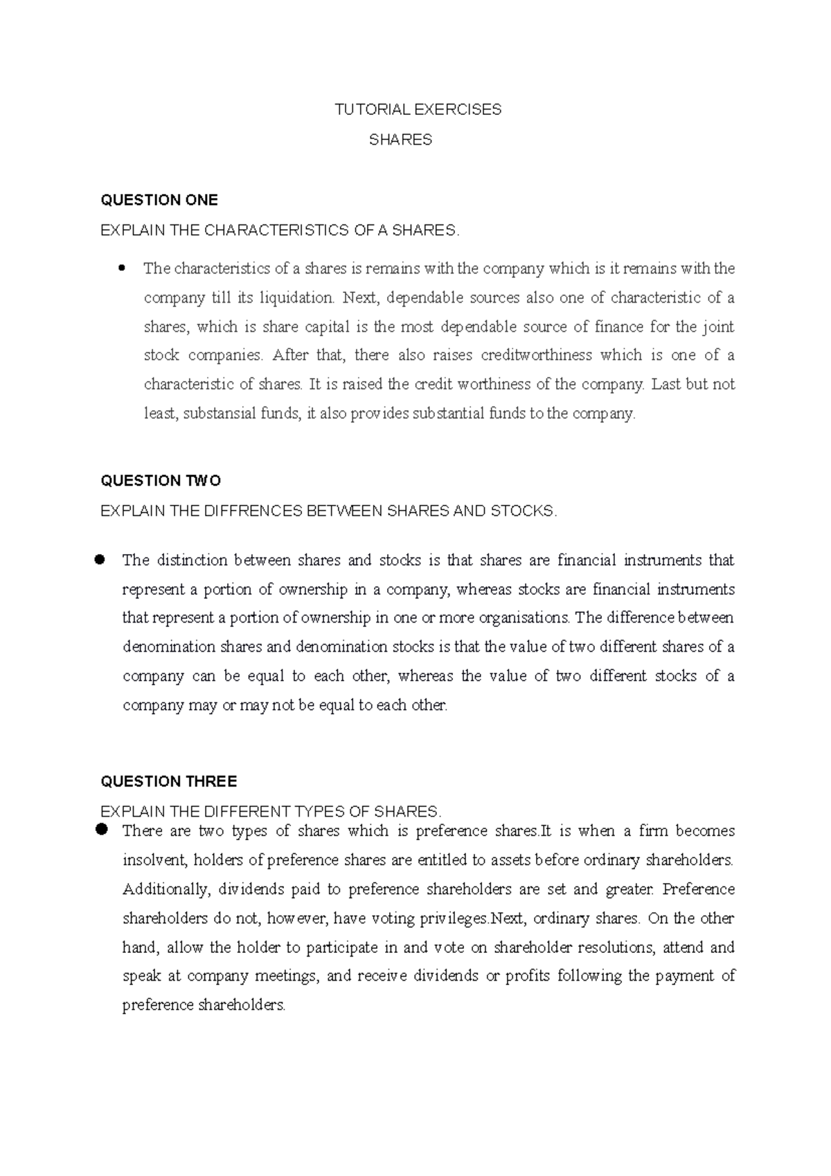 Tutorial Exercises Shares - TUTORIAL EXERCISES SHARES QUESTION ONE EXPLAIN THE CHARACTERISTICS ...
