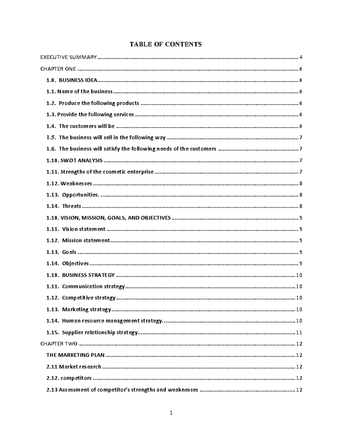 sample-business-plan-for-cosmetics-busin-table-of-contents-executive