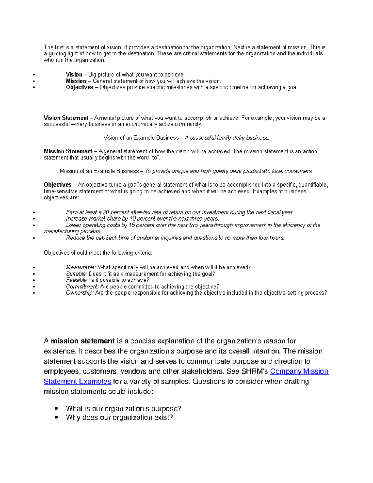 Mission, Vision, Objectives - The first is a statement of vision. It ...