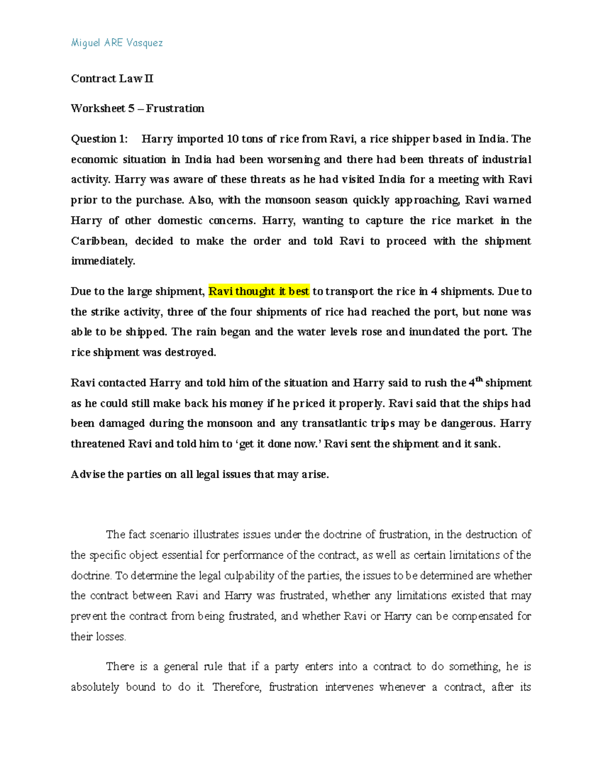 CONTRACT LAW II - Miguel ARE Vasquez Contract Law II Worksheet 5 ...