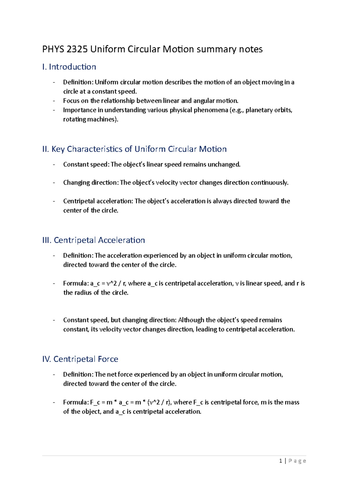 PHYS 2325 Uniform Circular Motion summary notes - Introduction ...