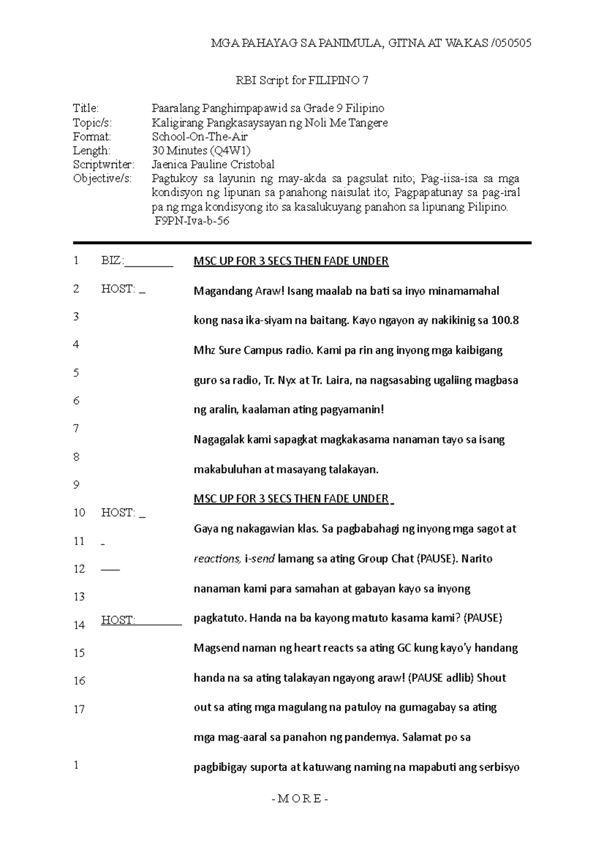 G7 RBI-FIL-9 Q4 W1 - rbi script - RBI Script for FILIPINO 7 Title ...
