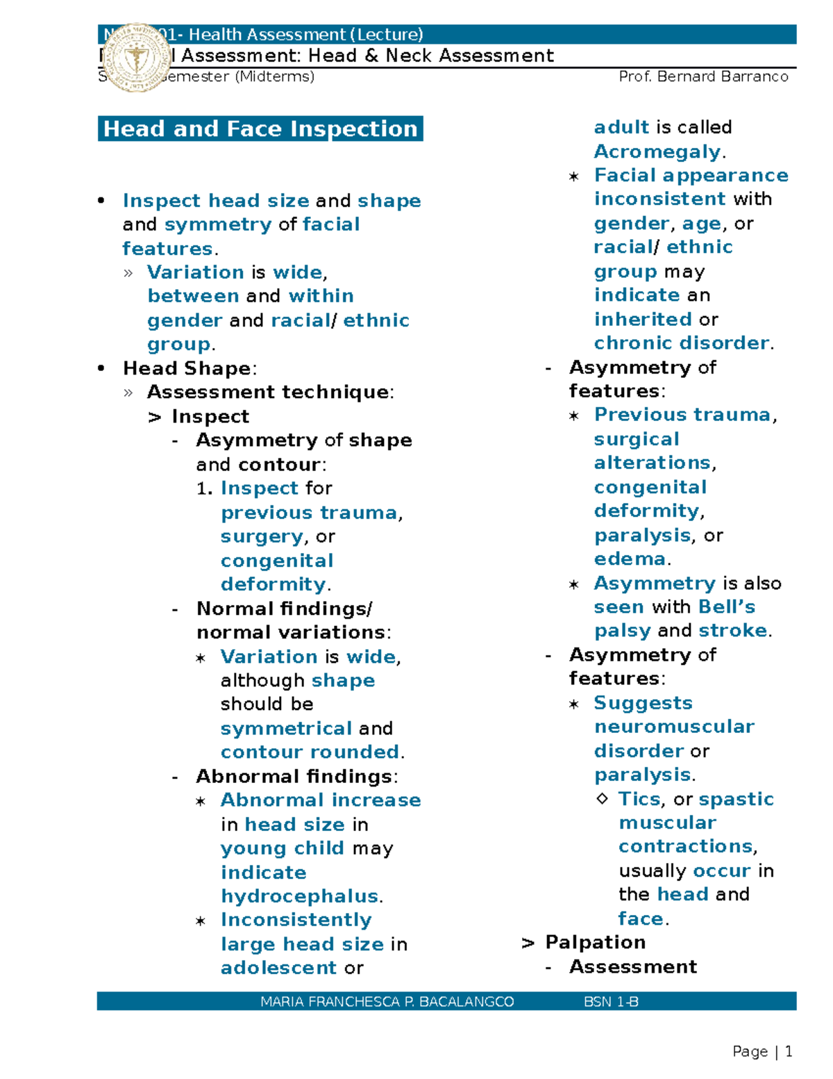 Head and Face Inspection - MARIA FRANCHESCA P. BACALANGCO BSN 1-B ...
