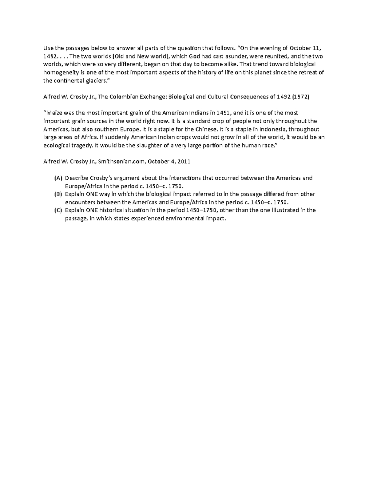 Two views of the Columbian Exchange - Use the passages below to answer ...