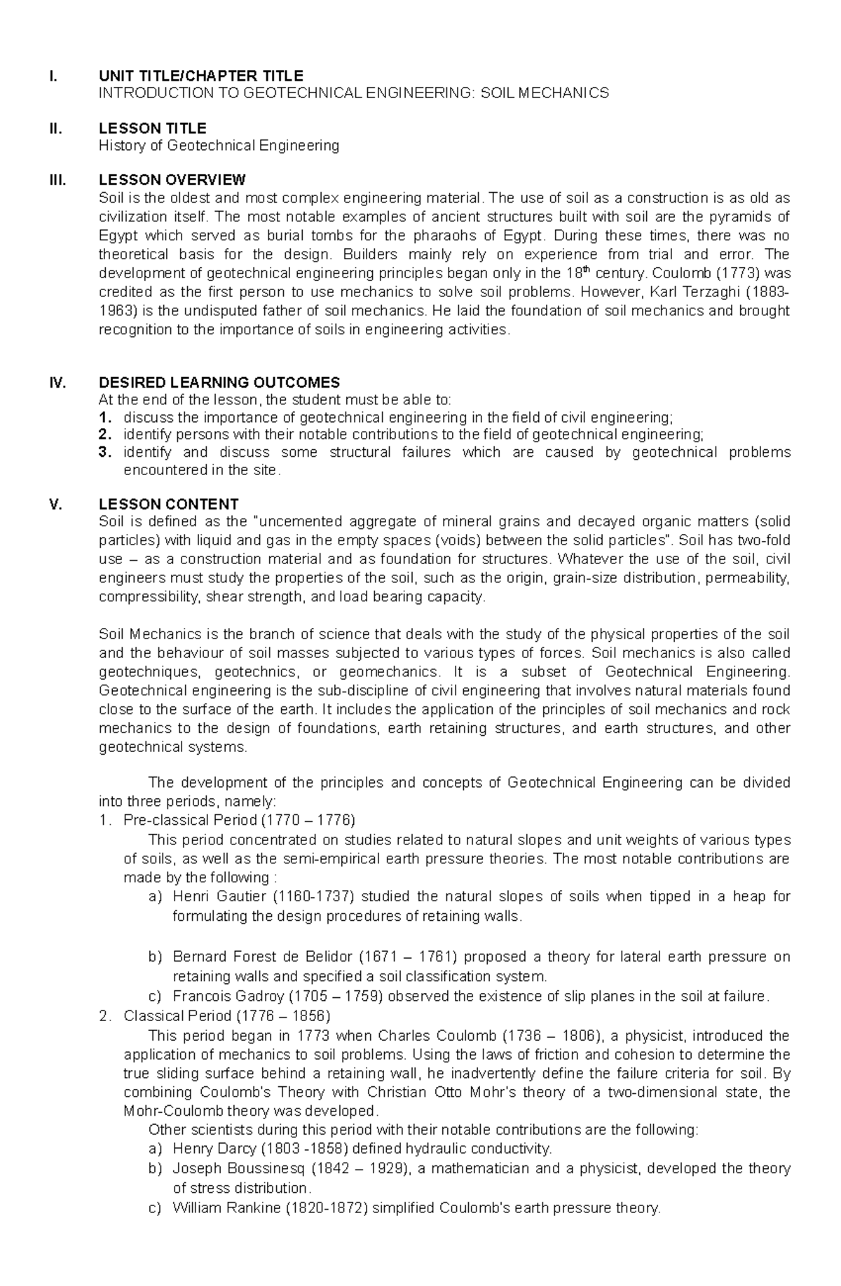 Introduction TO Geotechnical Engineering - SOIL Mechanics - I. UNIT TITLE/CHAPTER TITLE ...