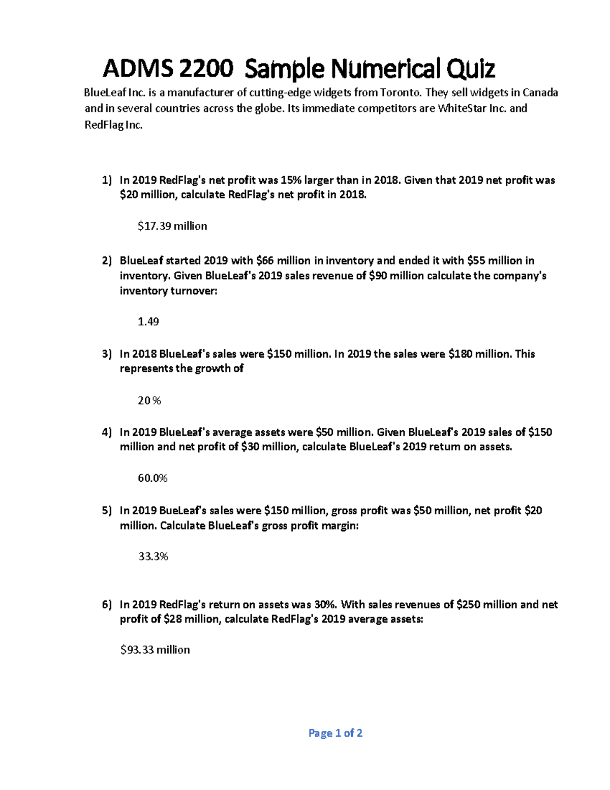 Sample Num Quiz for numerical quiz - Page 1 of 2 ADMS 2200 Sample ...